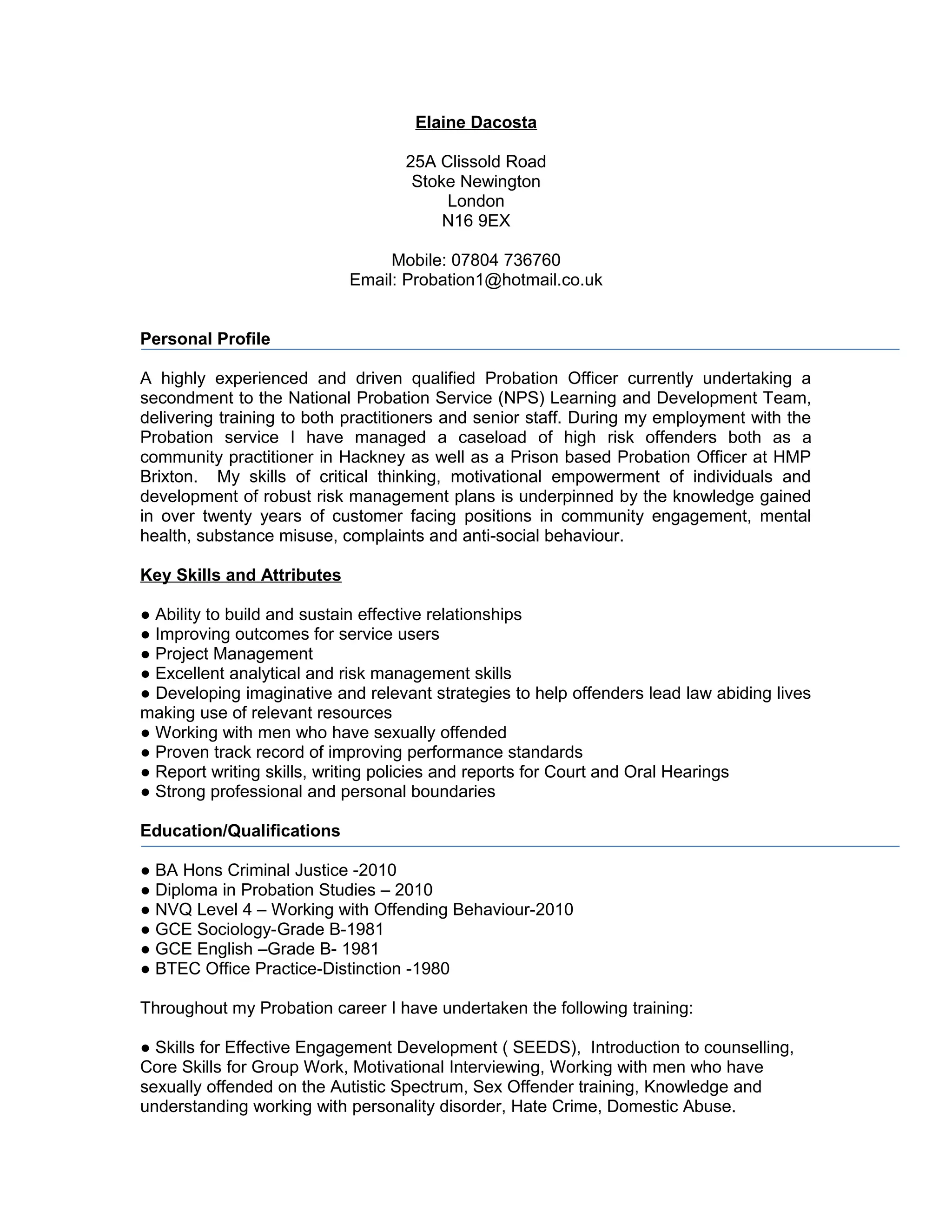 elaine dacosta cv october 2016. | DOC