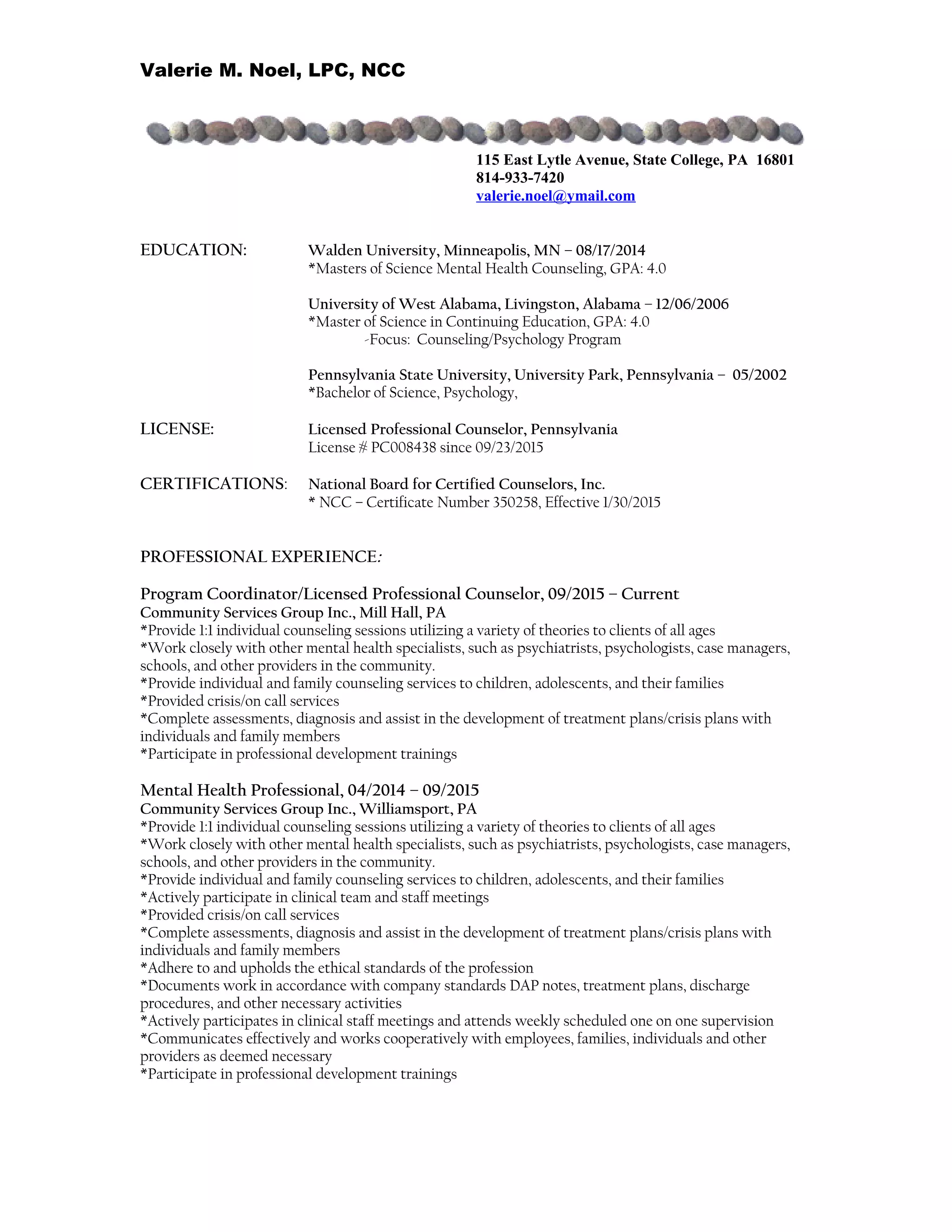 Valerie Noel Resume Sept 2015 | DOC