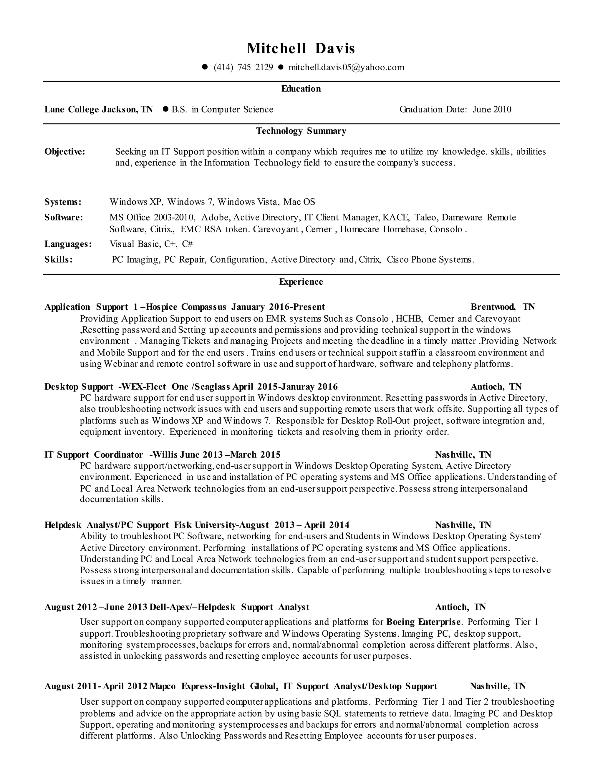Mitchell Davis Professional Resume 2017 | DOCX | IT and Internet ...