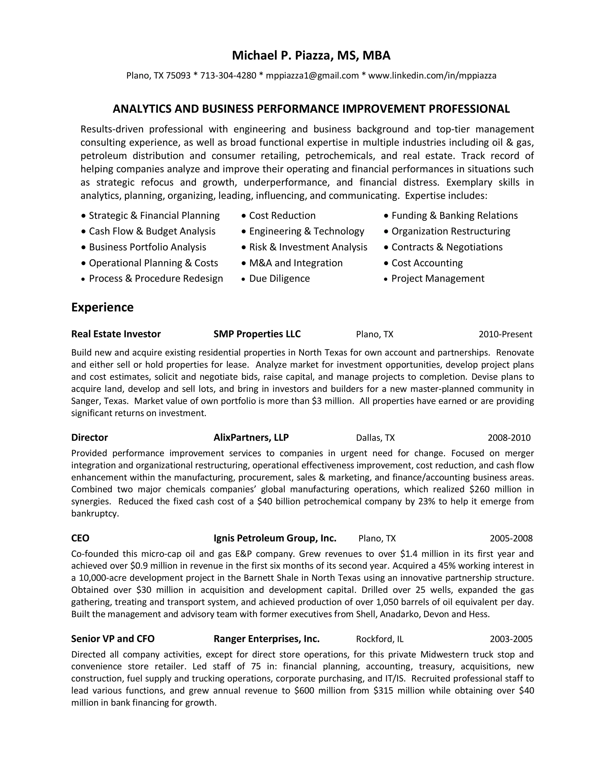 Resume - Michael P. Piazza, MS, MBA | PDF