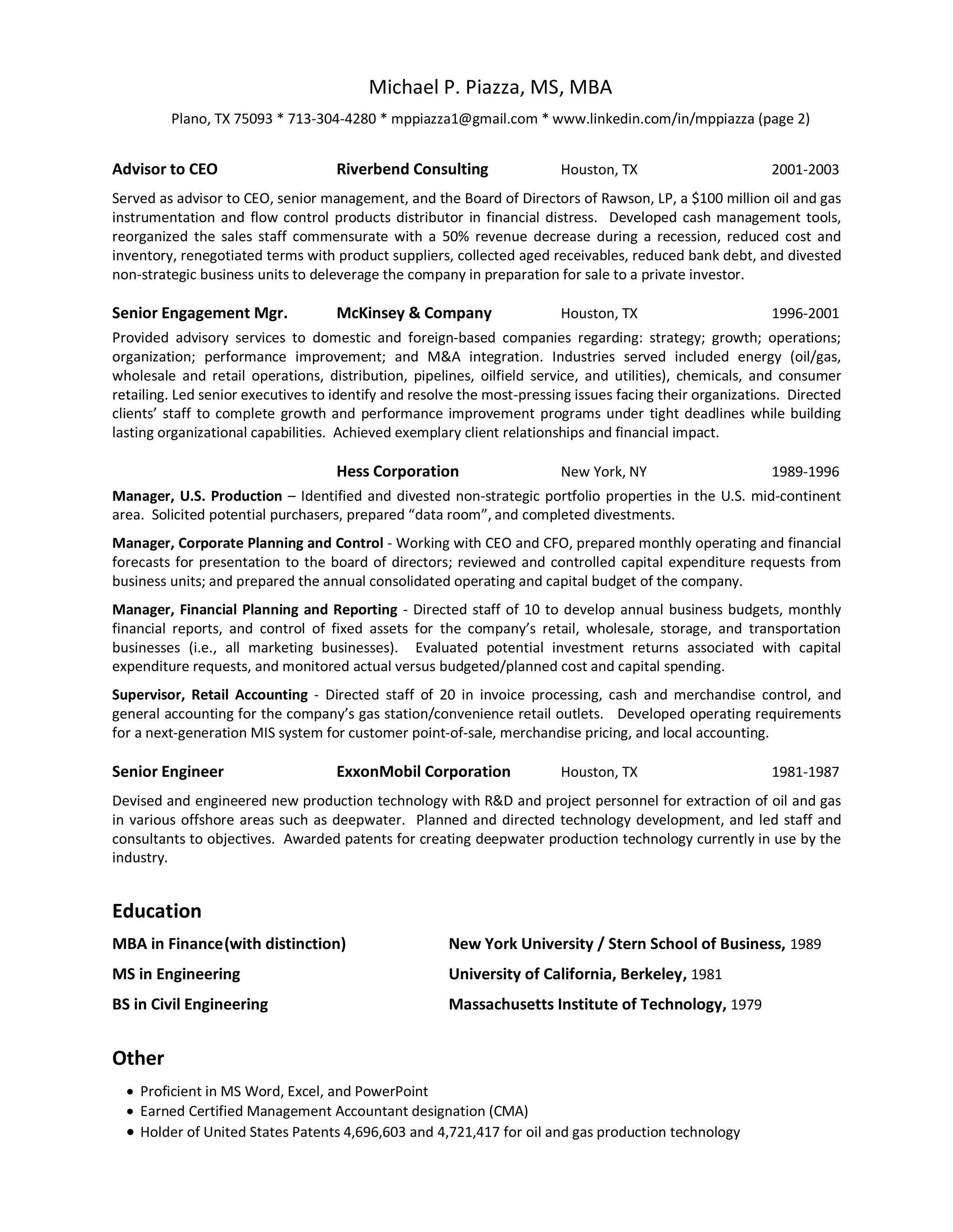Resume - Michael P. Piazza, MS, MBA | PDF