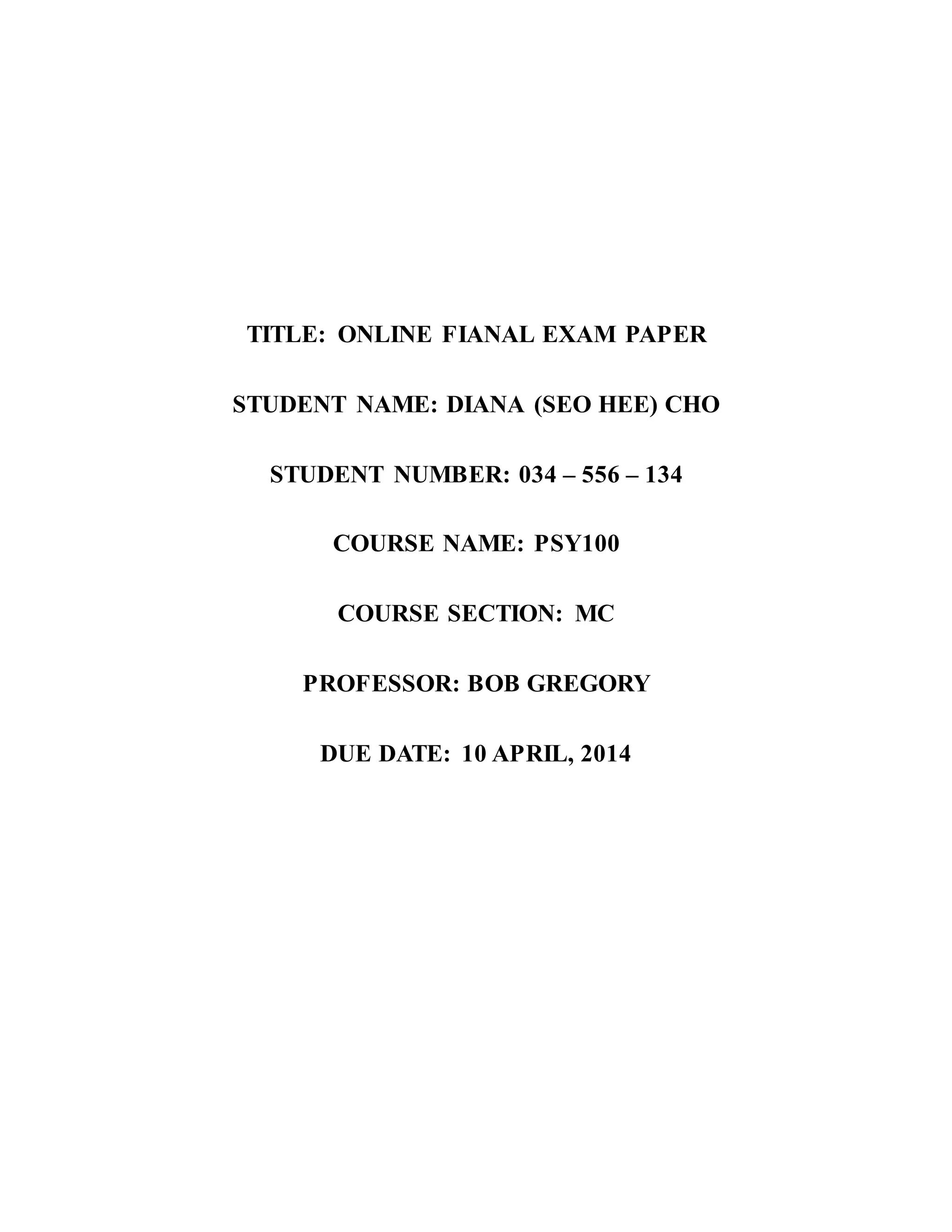 PSY100 Final Exam Report | PDF