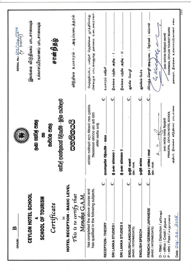 SLITHM Hotel Reception Certificate | PDF
