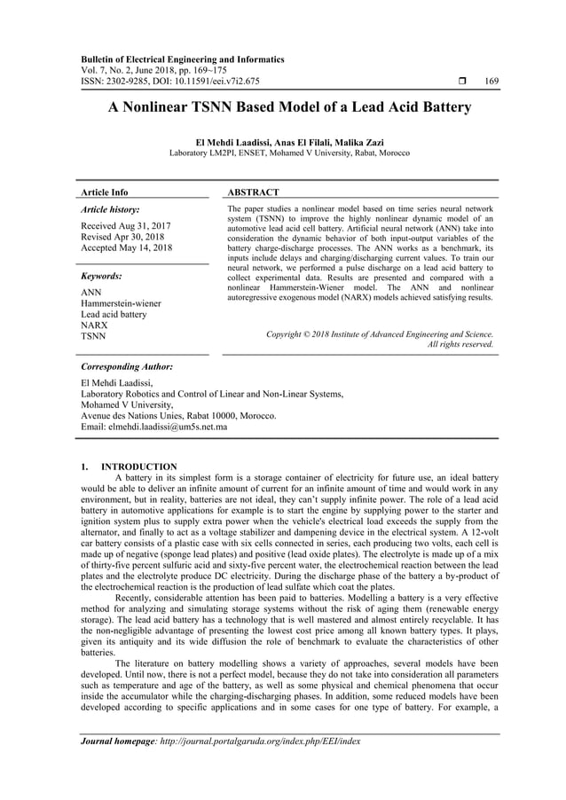 A Nonlinear TSNN Based Model of a Lead Acid Battery | PDF