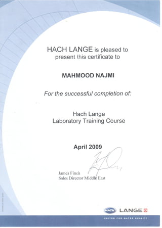certificate of hach lange laboratory training course | PDF