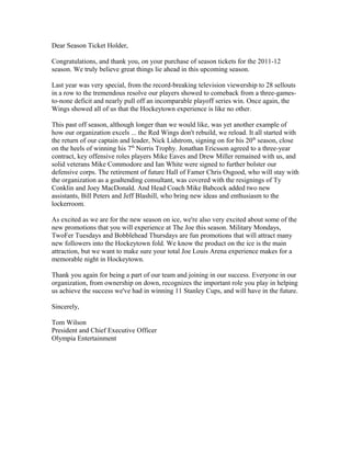 Tom Wilson Welcome Letter to Season Ticket Holders | DOC