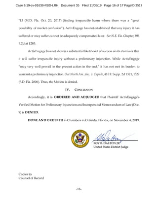 Middle District of Florida - Recent Decision Denying Trade Secret Injunction | PDF