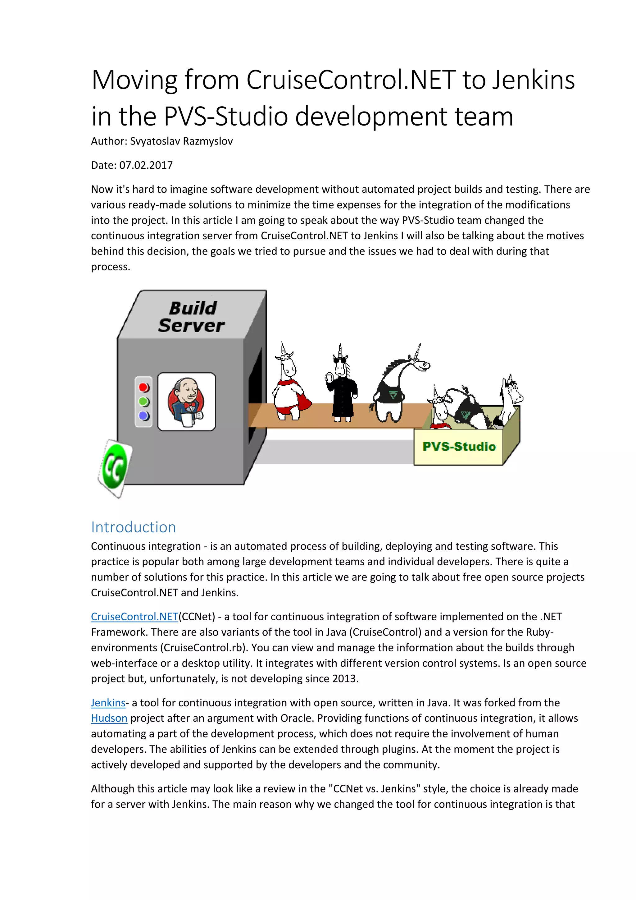 Moving from CruiseControl.NET to Jenkins in the PVS-Studio development team | PDF