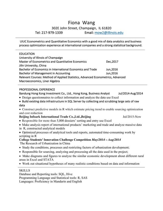 Fiona Wang CV UIUC | PDF