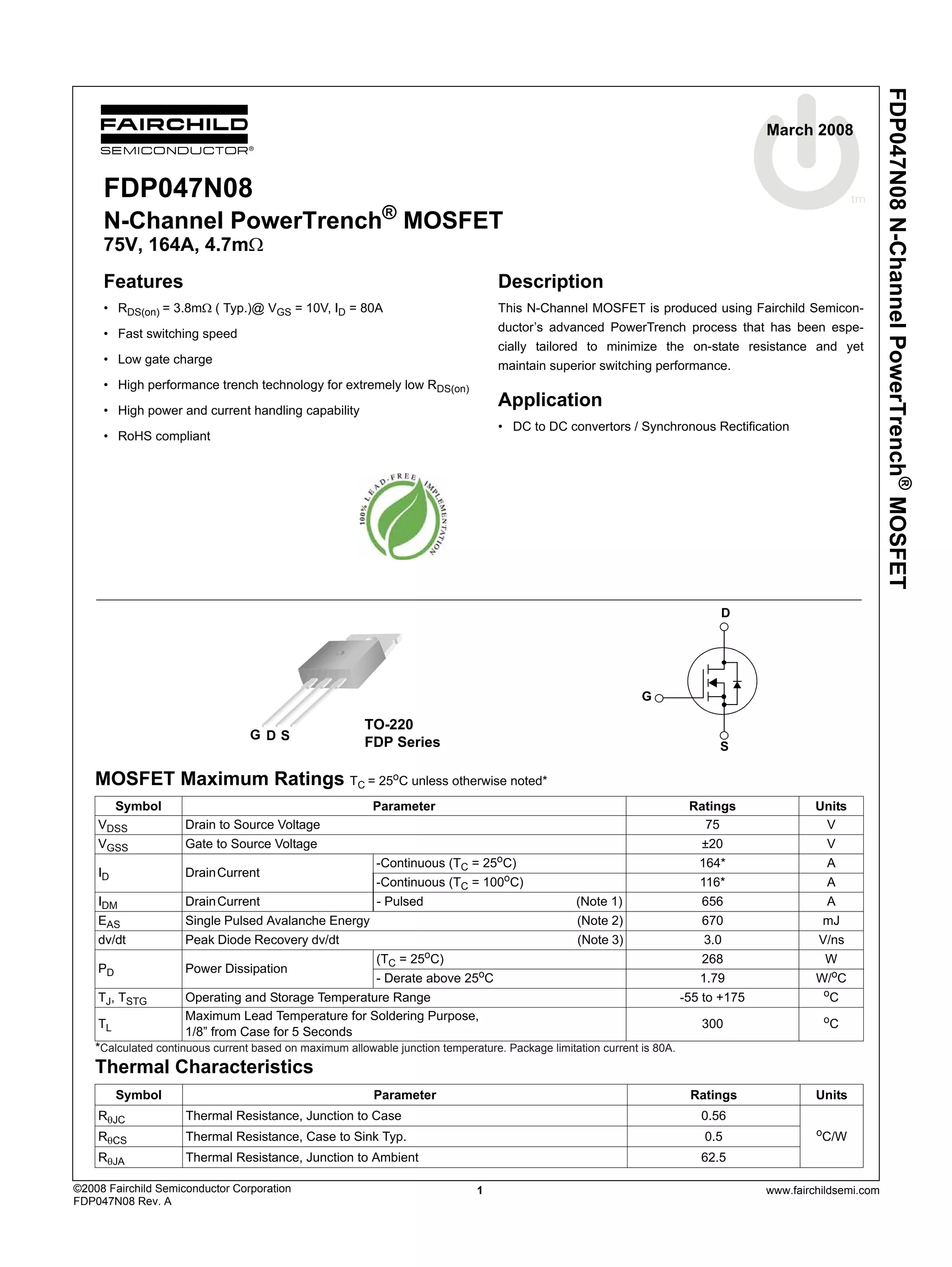 Original Mosfet 047N08 FDP047N08 47N08 75V TO-220 New Fairchild | PDF