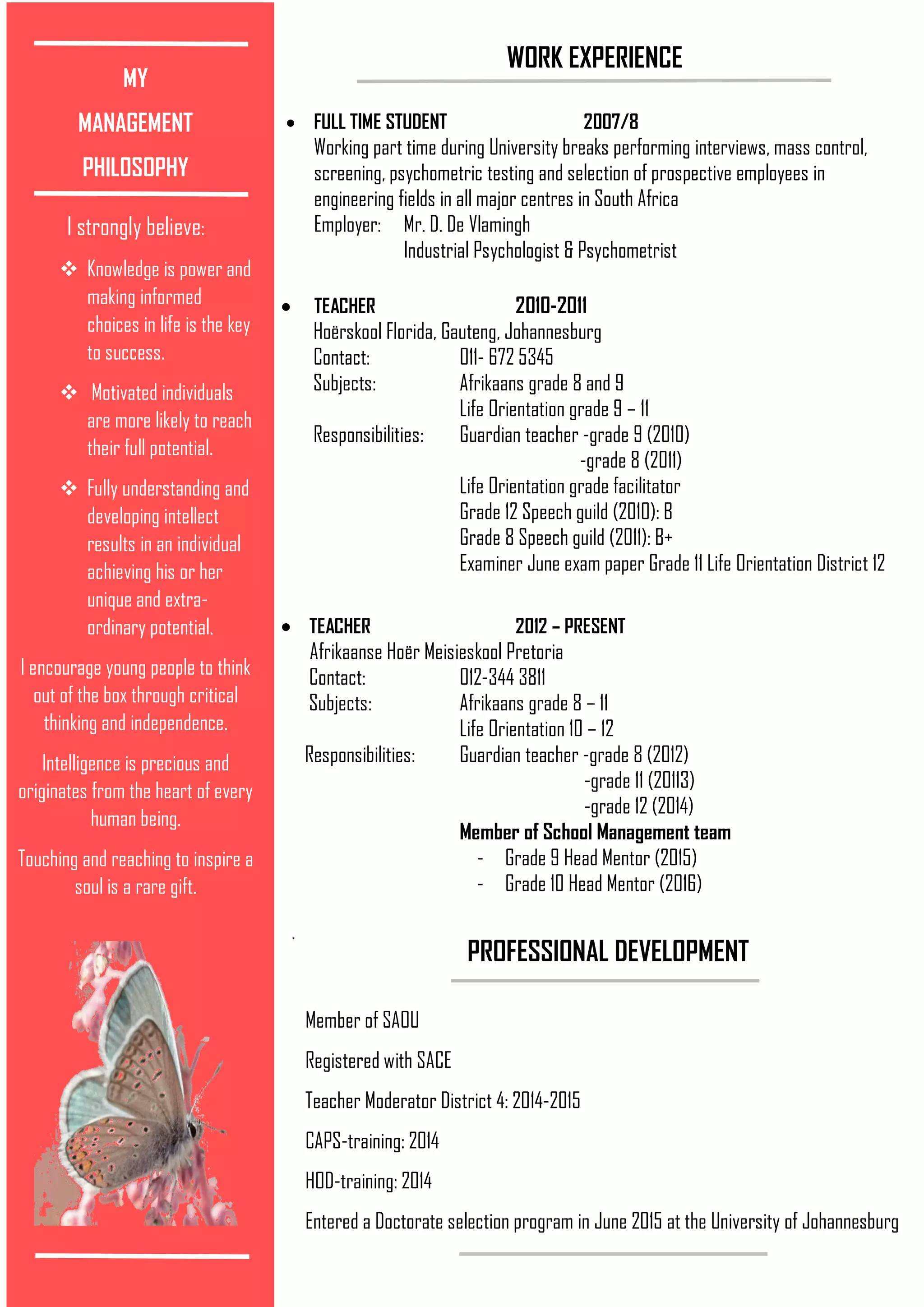 CV Vickie Cronje 2016 Teaching | PDF