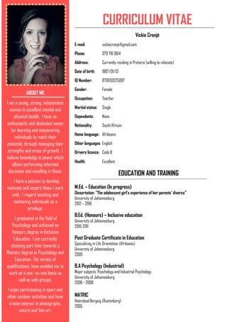 CV Vickie Cronje 2016 Teaching | PDF