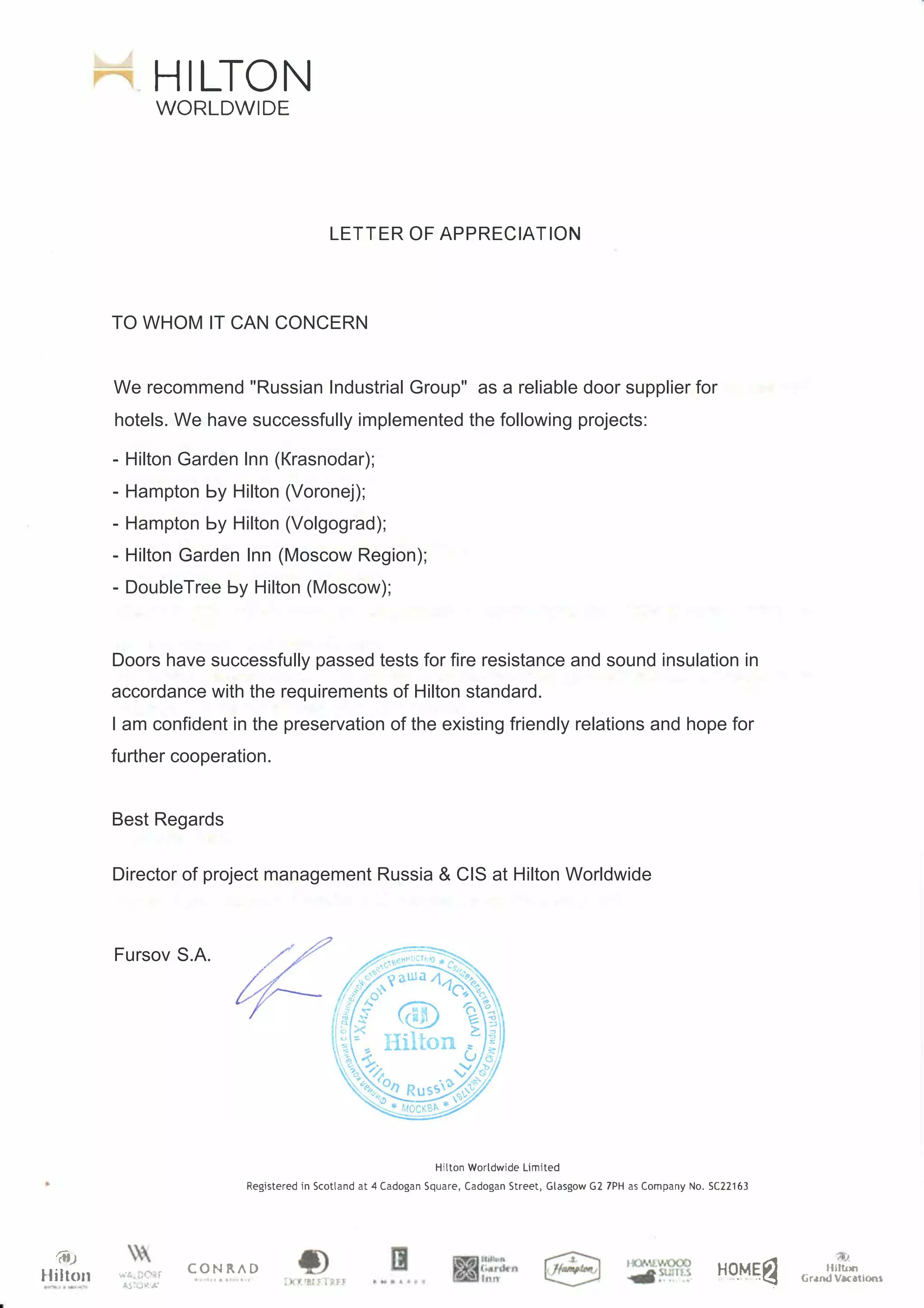 Letter of Appreciation from HILTON | PDF
