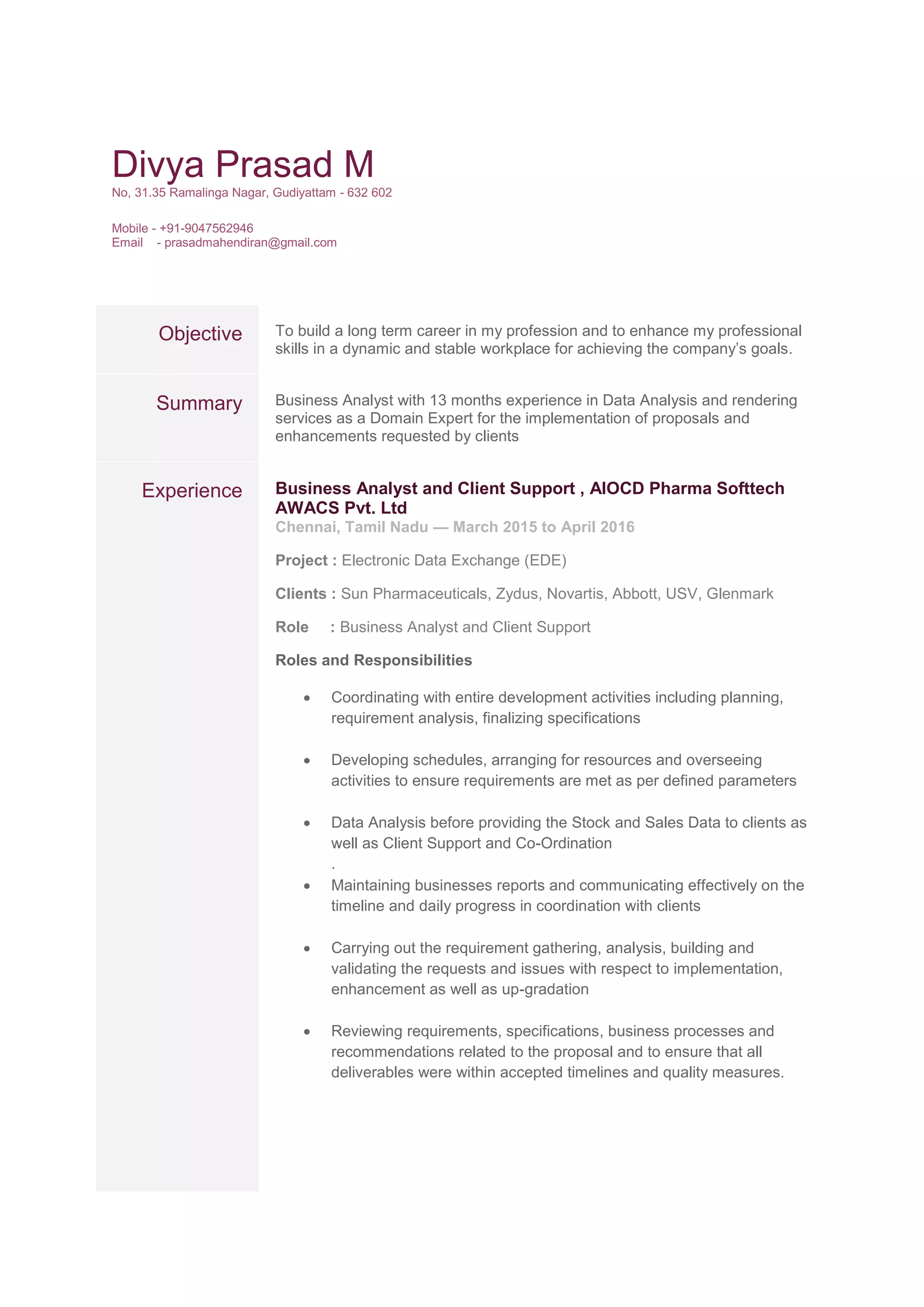 Divya Prasad CV (MBA Marketing and Operations) | PDF | Business Administration | Business