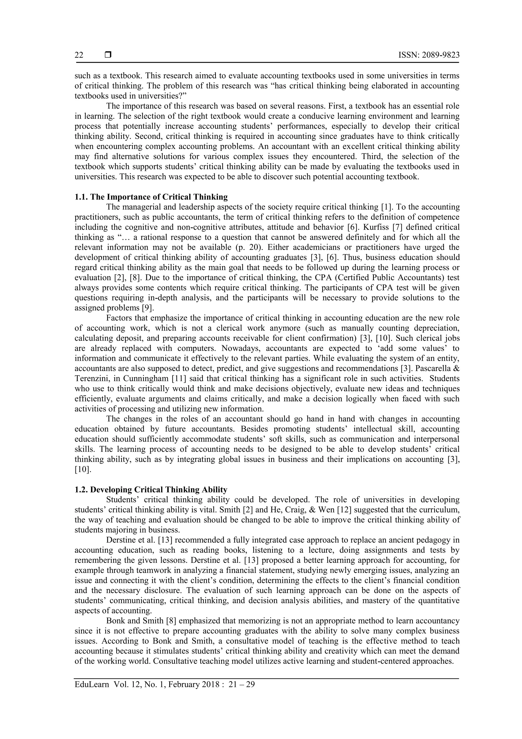 Critical Thinking in Accounting Textbooks | PDF