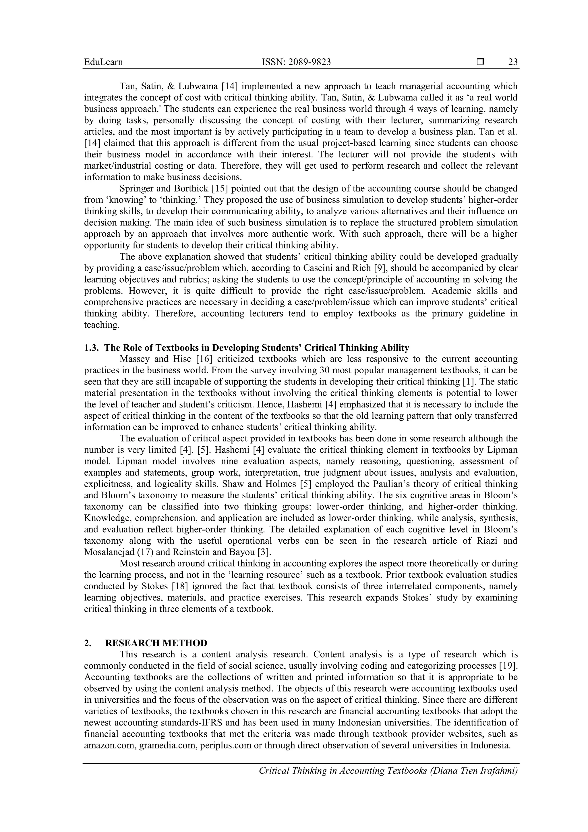 Critical Thinking in Accounting Textbooks | PDF