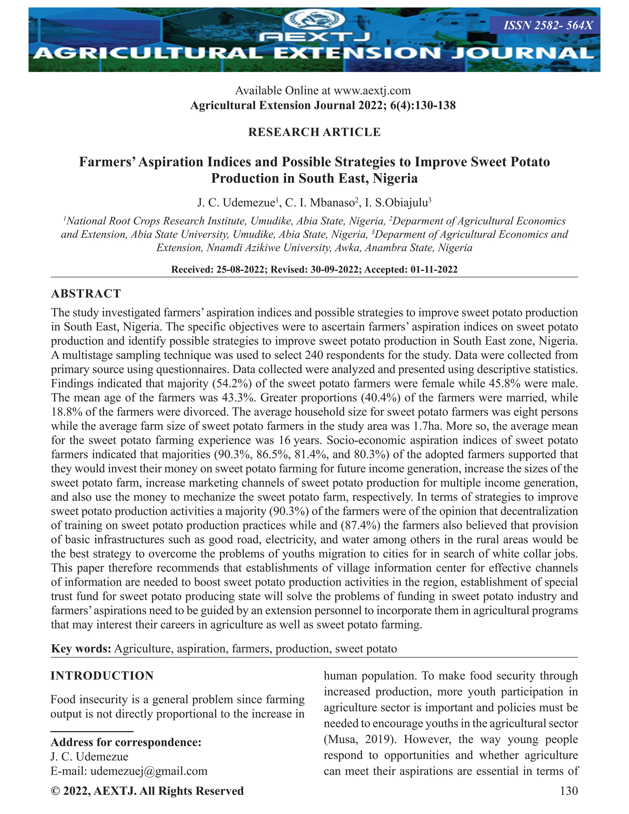 Farmers’ Aspiration Indices and Possible Strategies to Improve Sweet Potato Production in South ...
