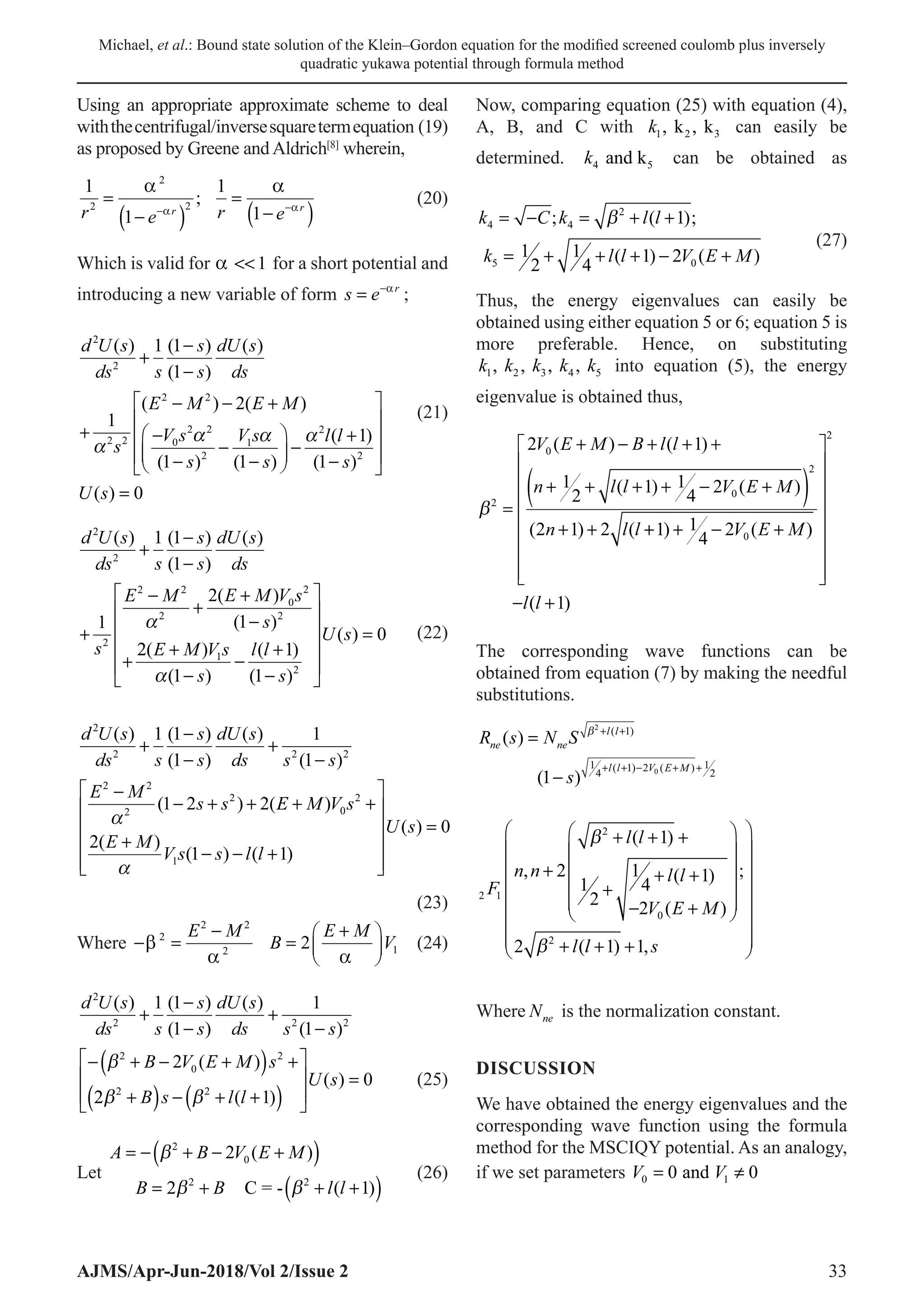 Bound State Solution of the Klein–Gordon Equation for the Modified Screened Coulomb Plus ...