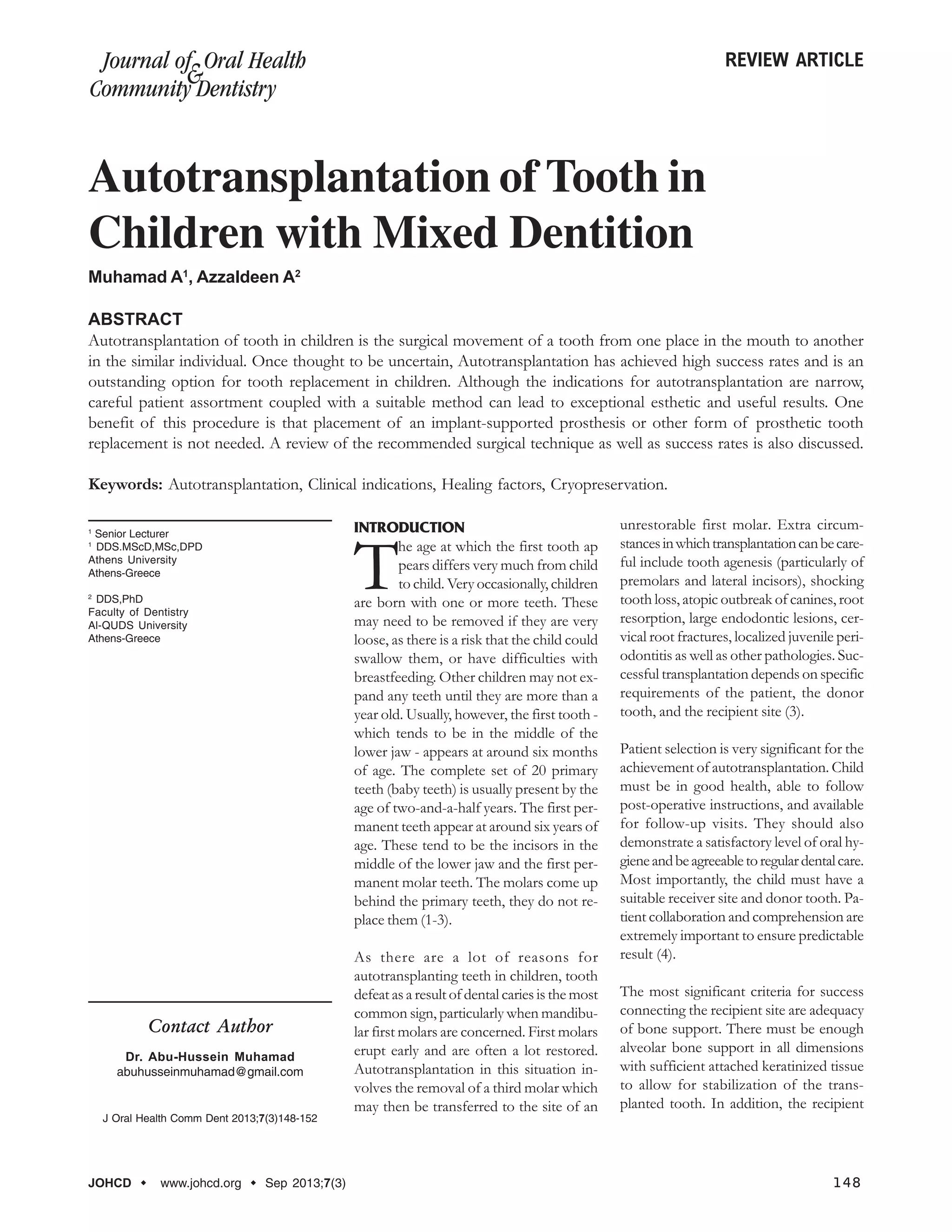 Autotransplantation of Tooth in Children | PDF