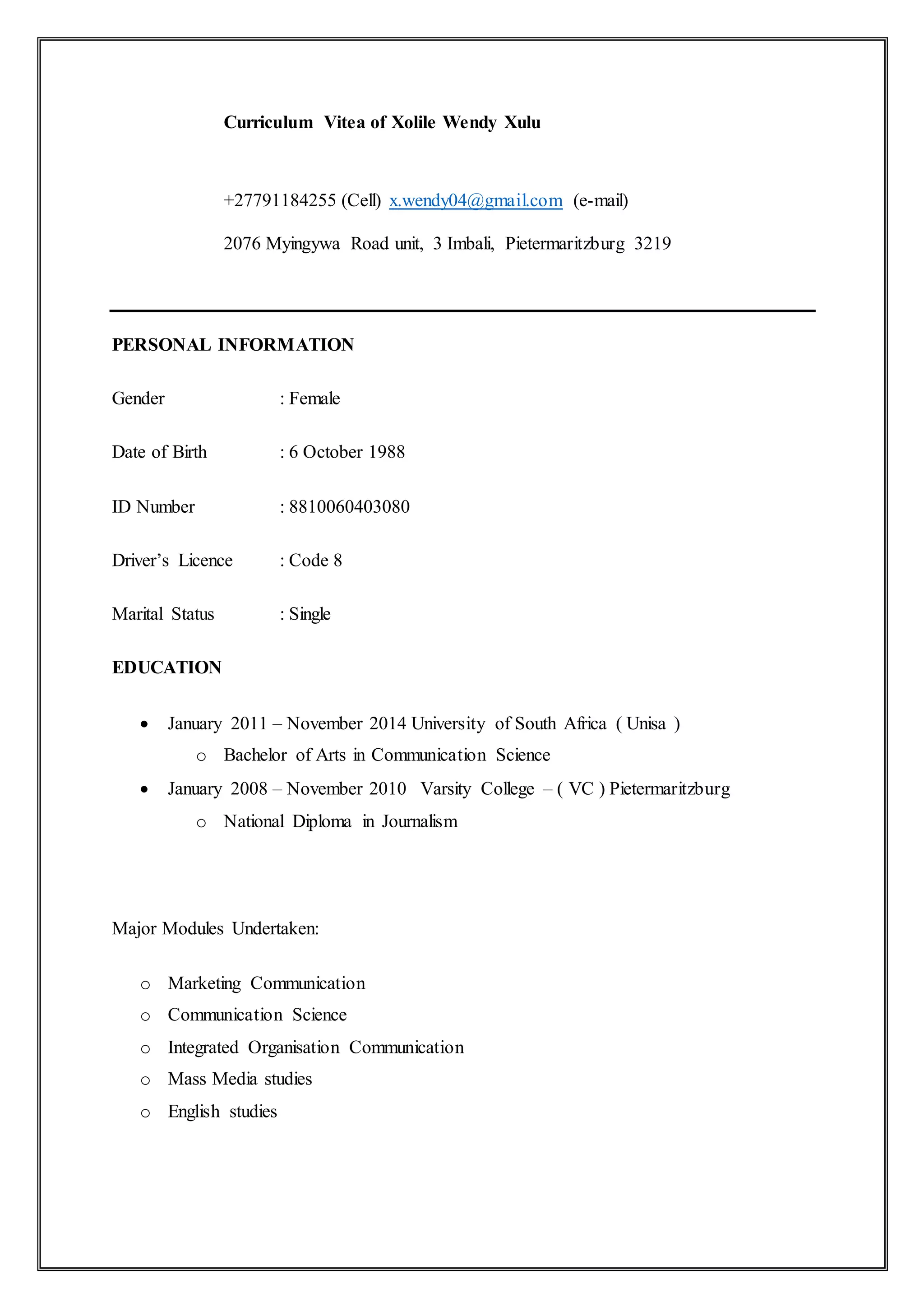CV Wendy Xulu | PDF