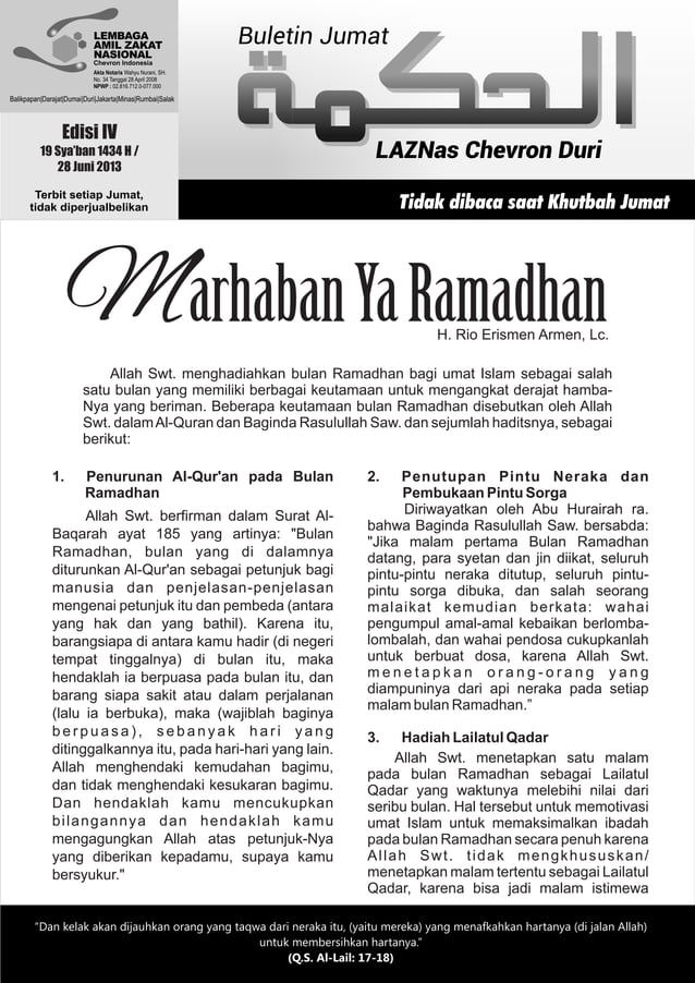 04 buletin hikmah jumat laz nas chevron duri edisi iv 2013 mari marhaban yaa ramadhan | PDF