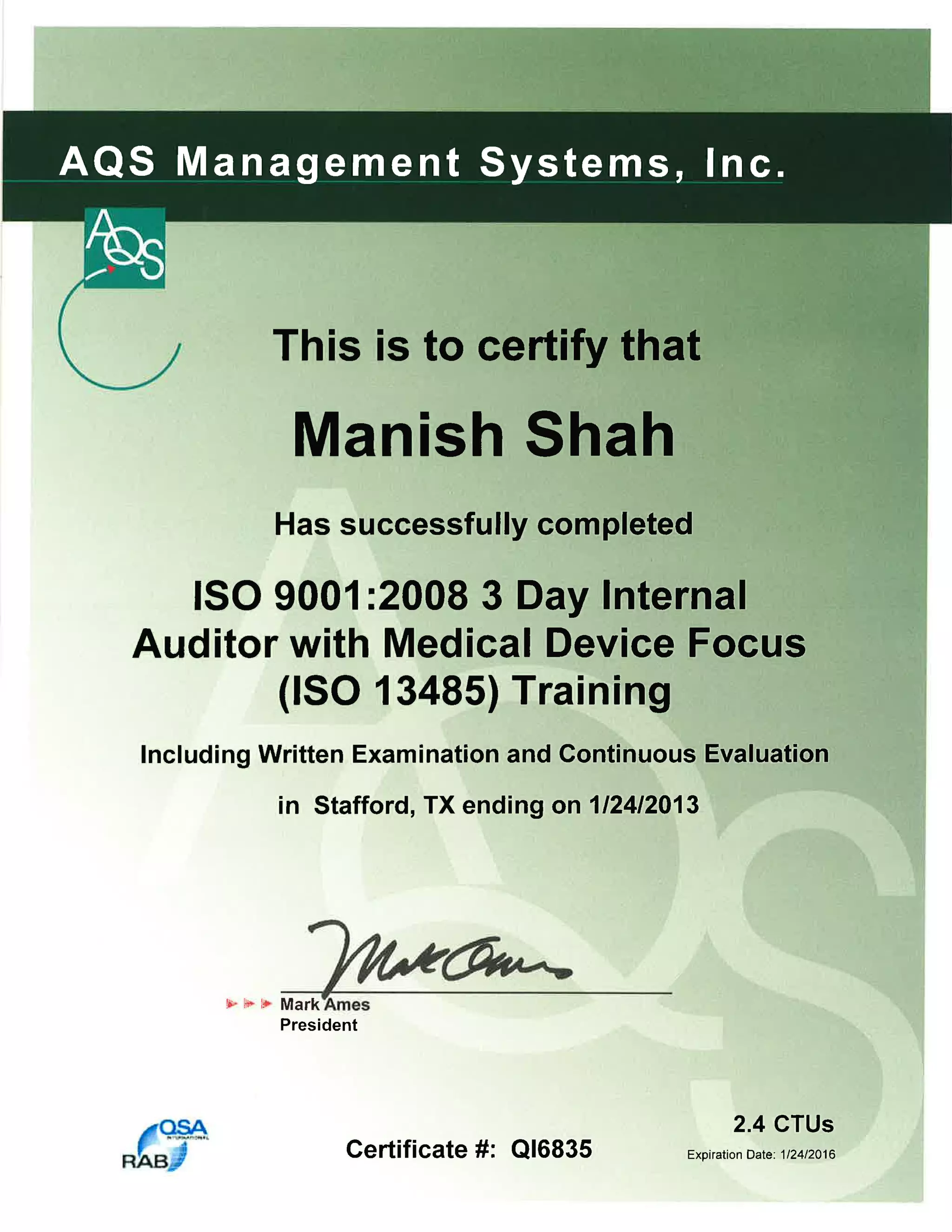 ISO13485 Internal Auditor Certificate | PDF