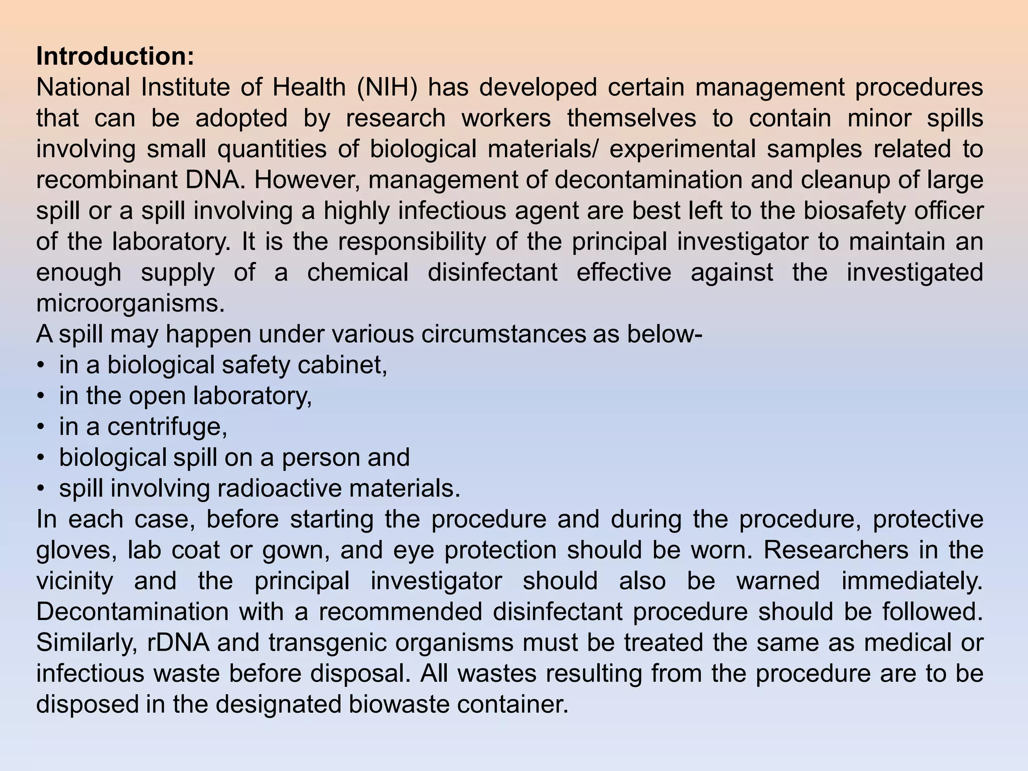 04 control of spills and mechanism of implementation of biosafety guidelines | PDF