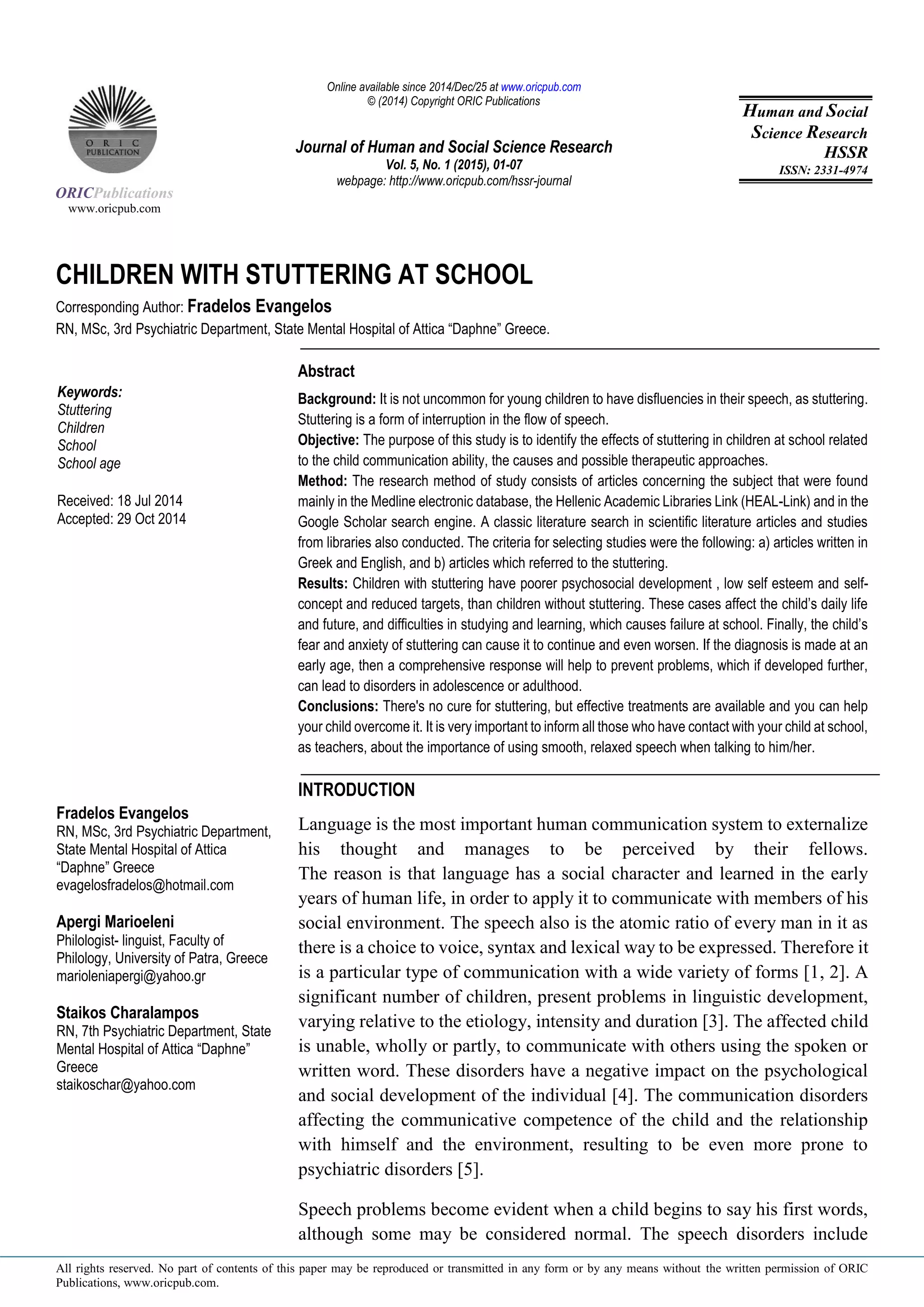 CHILDREN WITH STUTTERING AT SCHOOL | PDF