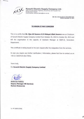 KESC Experience Certificate | PDF | Business | Business and Finance