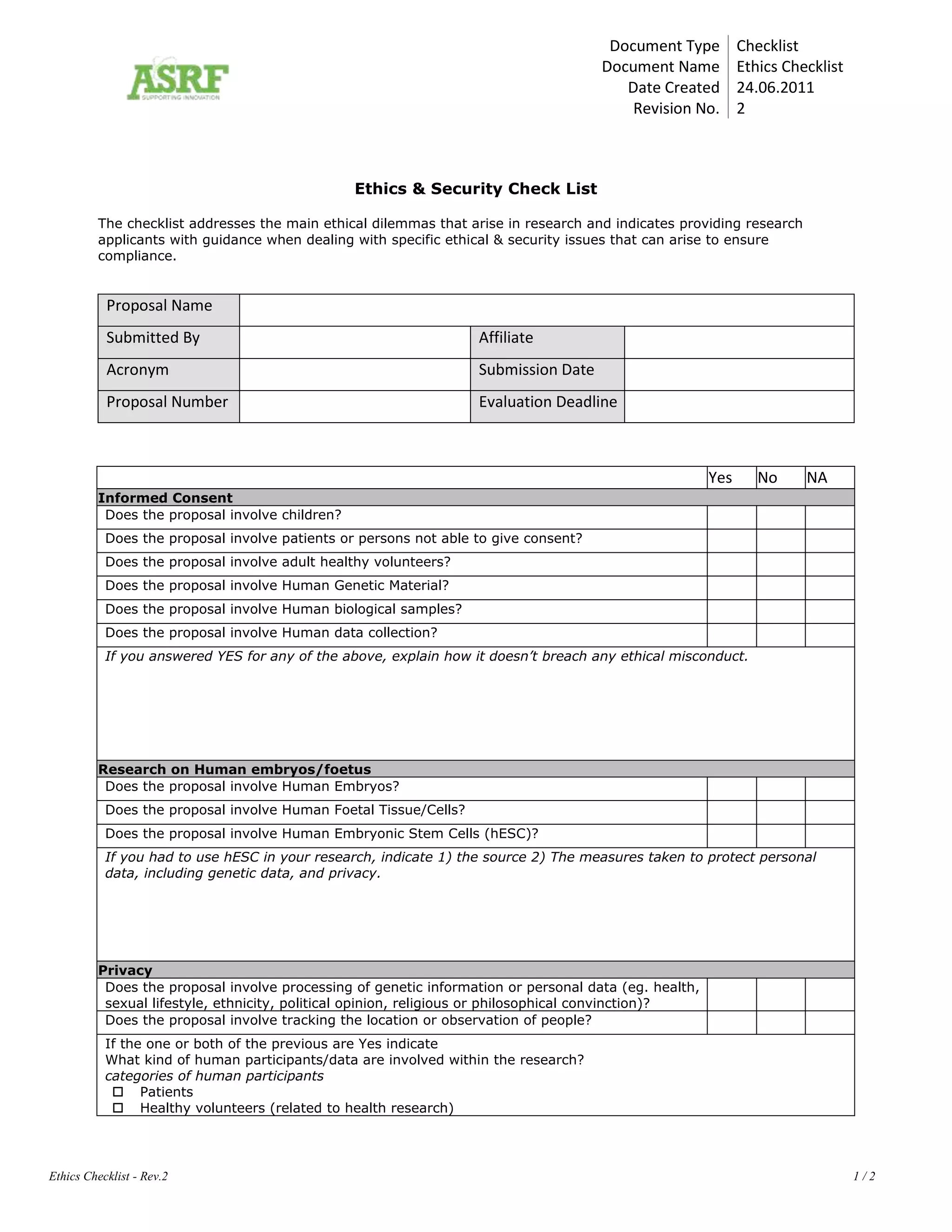 ASRF ethics checklist | DOCX