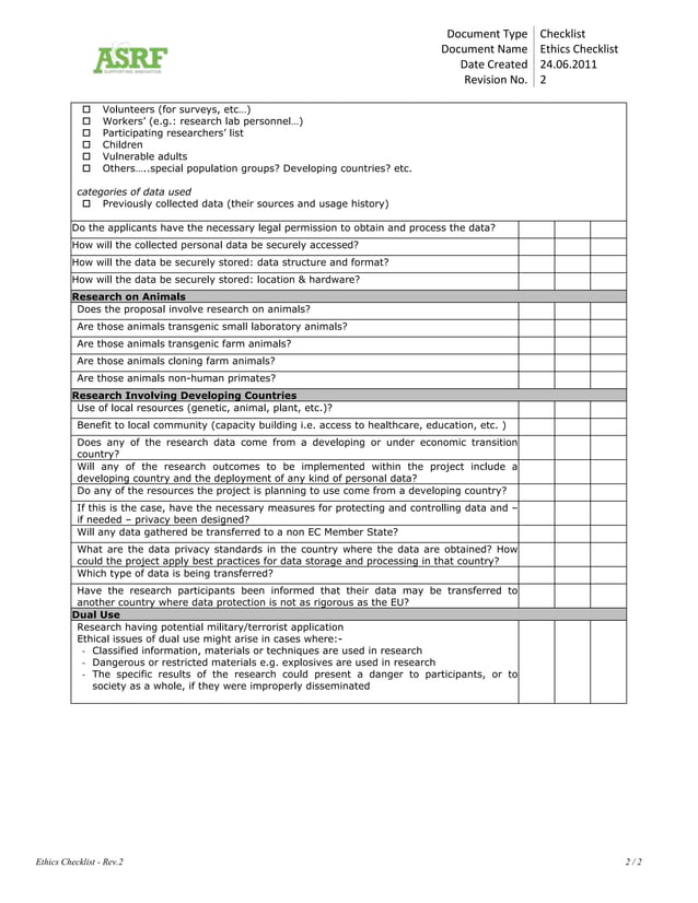 ASRF ethics checklist | PDF