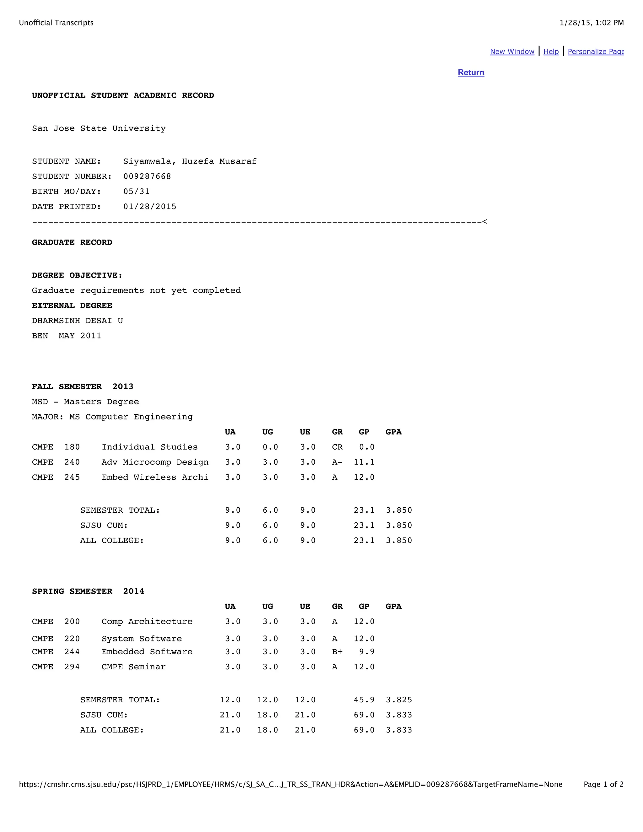 Huzefa Siyamwala Unofficial Transcripts | PDF | Technology & Computing
