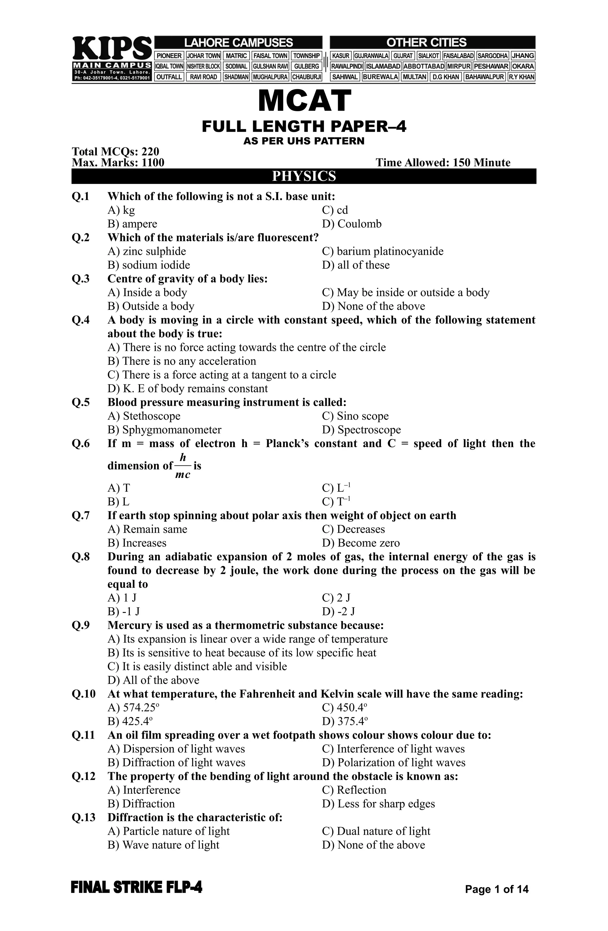 MCAT Full length paper 4-student_copy | PDF | Chemistry | Science