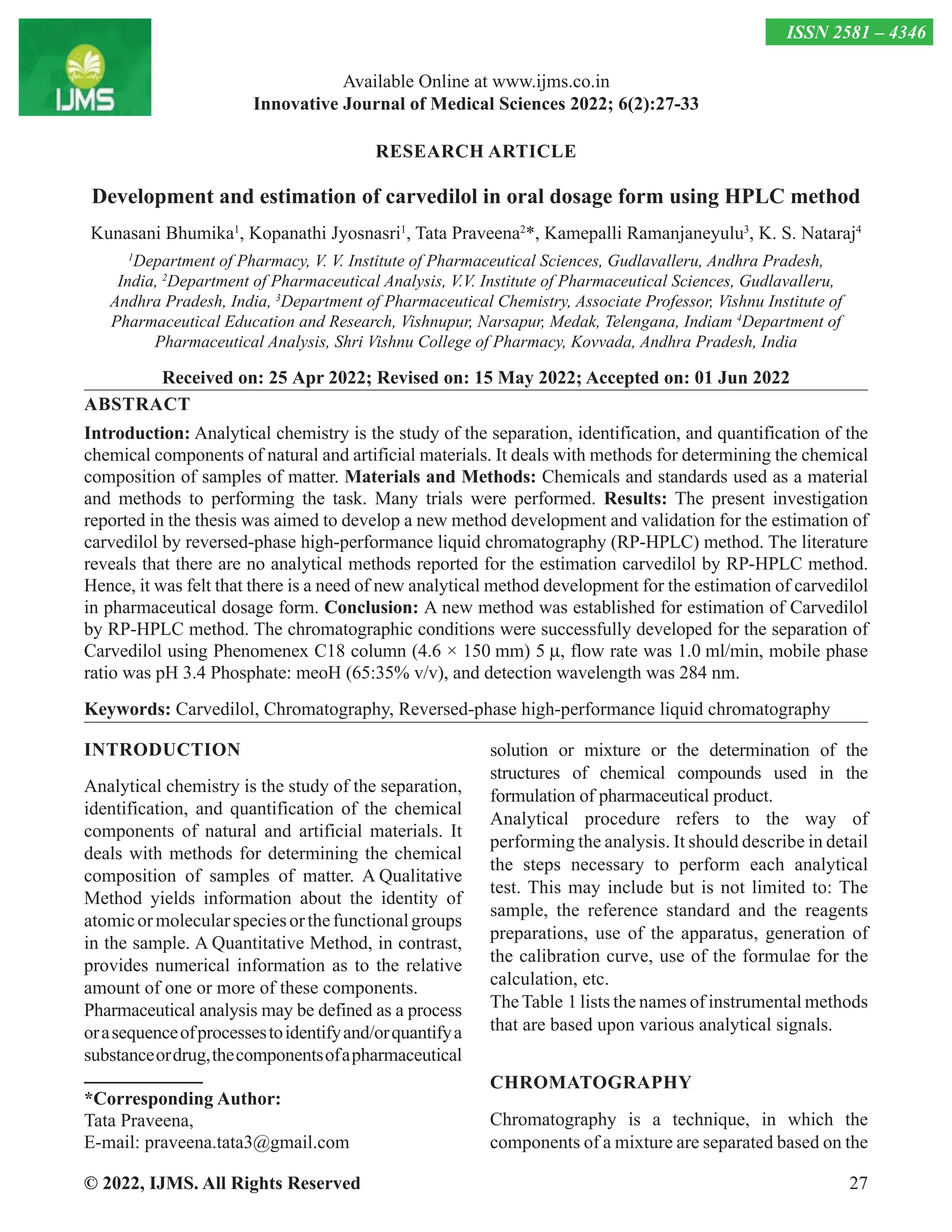 Development and estimation of carvedilol in oral dosage form using HPLC ...
