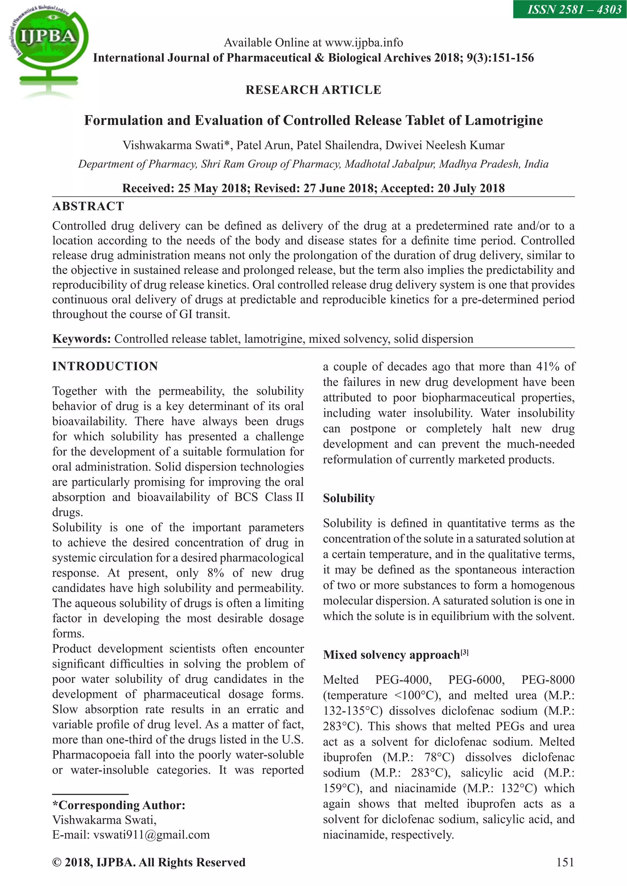 Formulation and Evaluation of Controlled Release Tablet of Lamotrigine ...