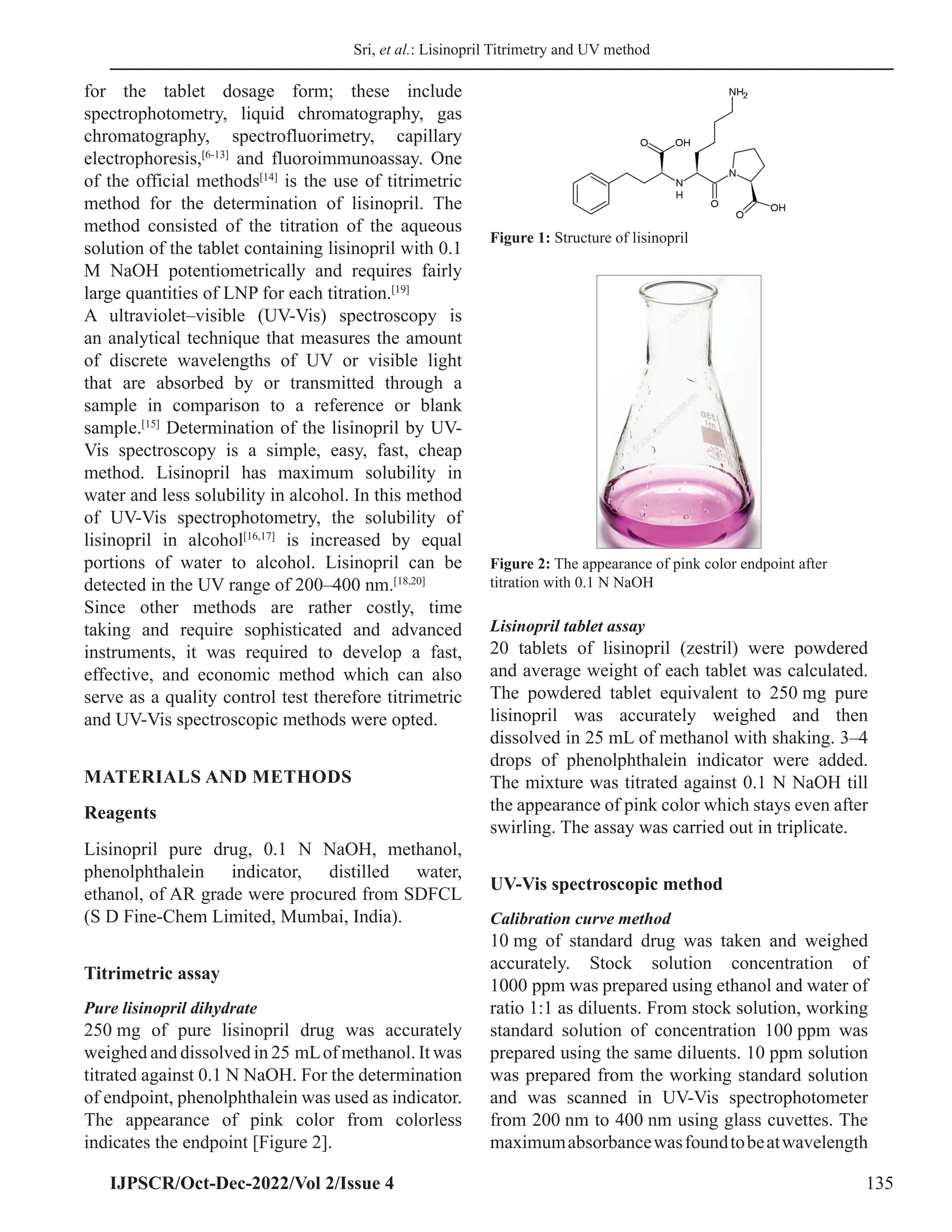 Ultraviolet Visible Spectrophotometric And Titration Method For The Assay Of Lisinopril Bulk And
