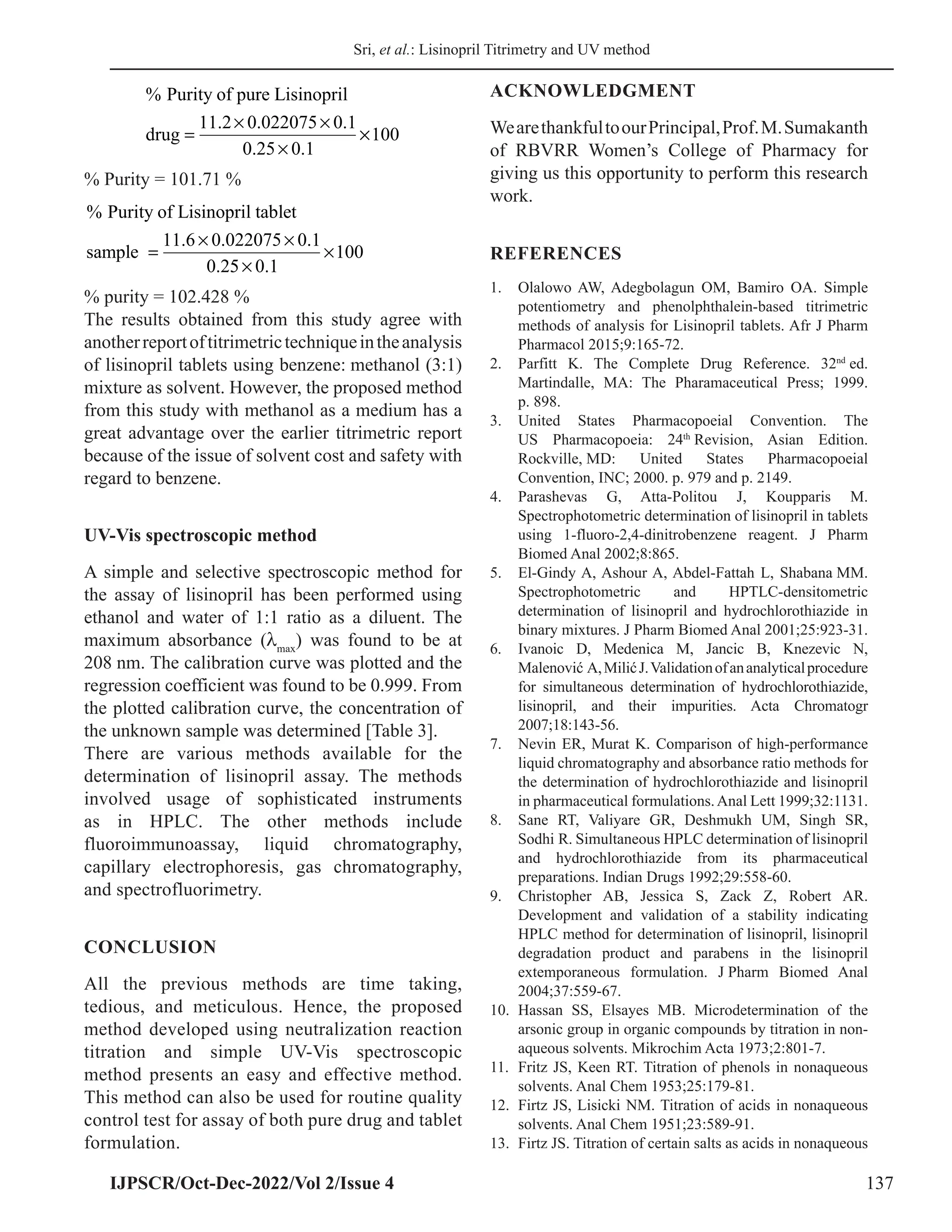 Ultraviolet Visible Spectrophotometric And Titration Method For The Assay Of Lisinopril Bulk And