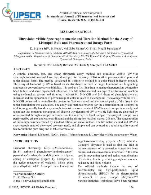 Ultraviolet Visible Spectrophotometric And Titration Method For The Assay Of Lisinopril Bulk And