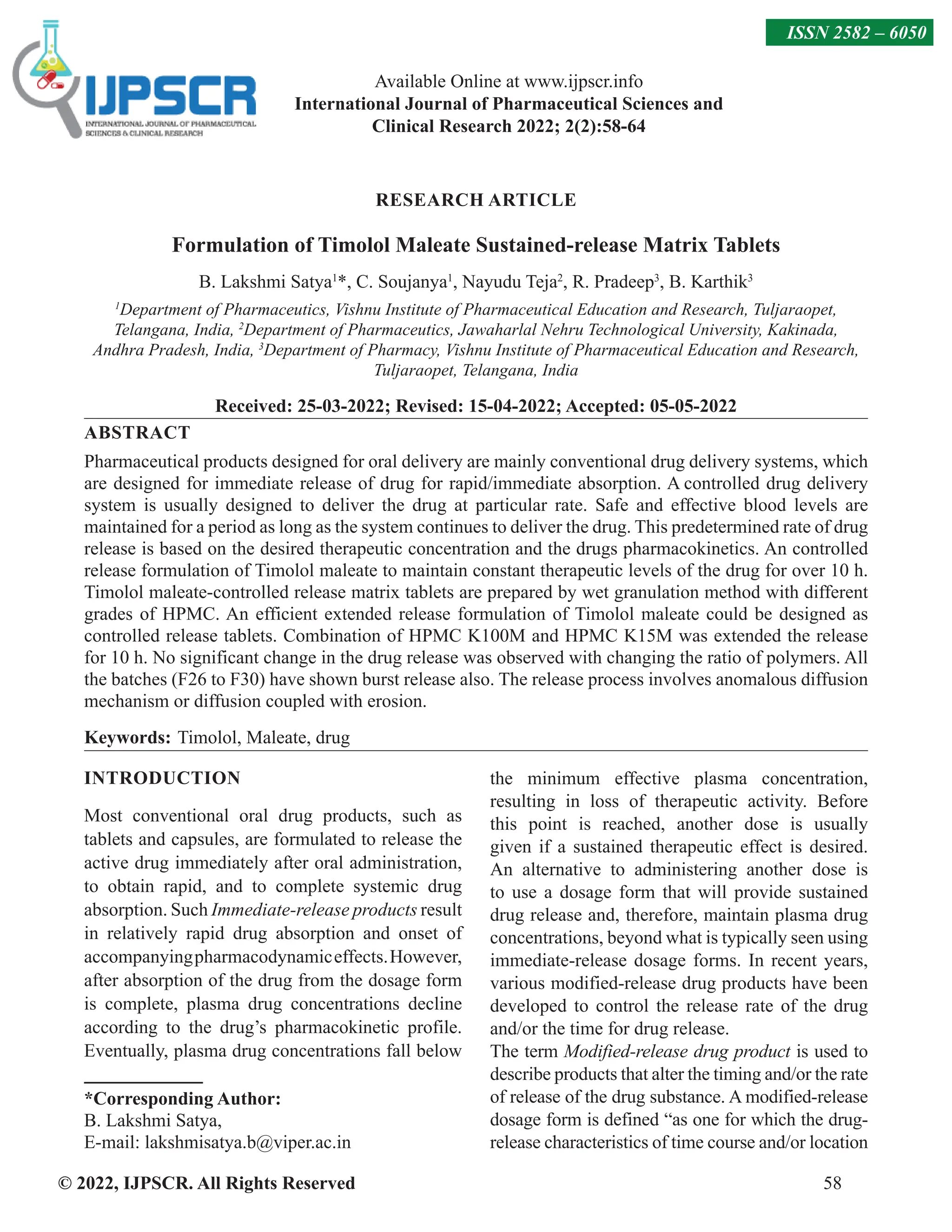 Formulation Of Timolol Maleate Sustained Release Matrix Tablets Pdf