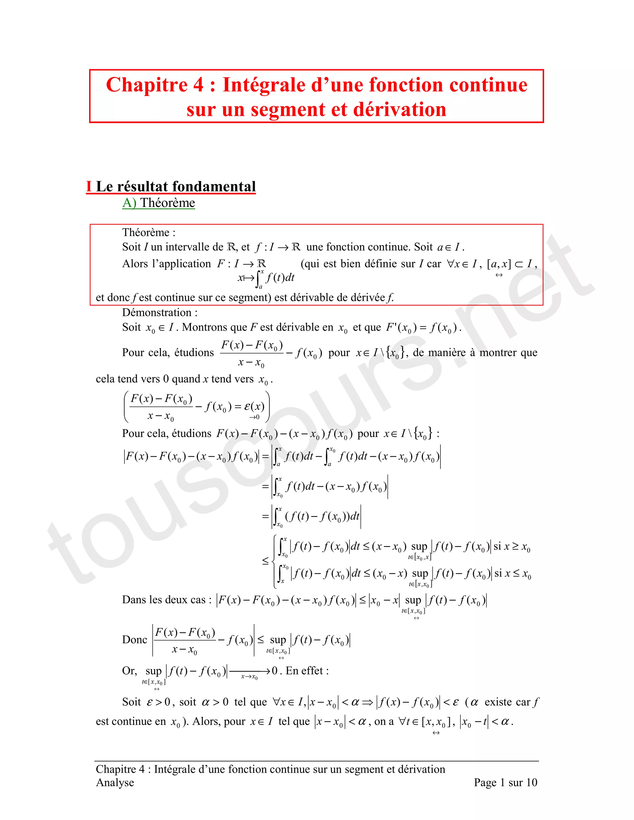 04 intégrale d'une fonction continue sur un segment et dérivation | PDF