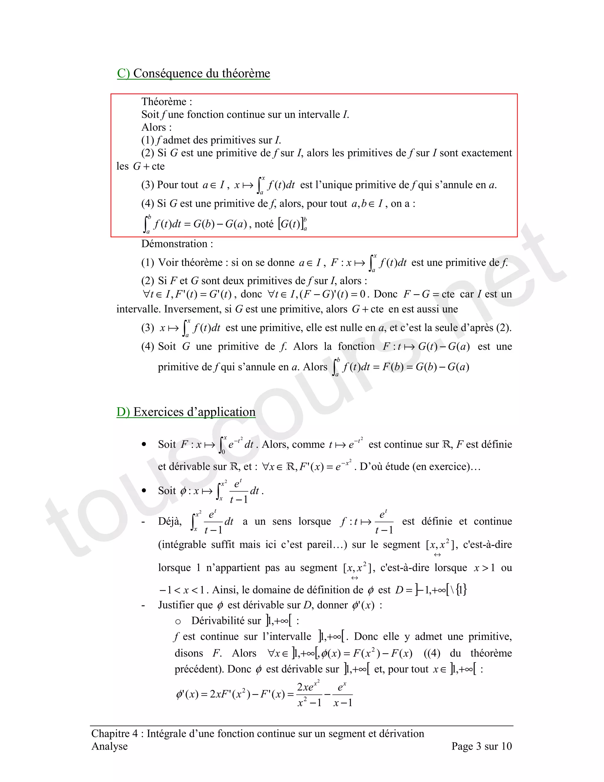 04 intégrale d'une fonction continue sur un segment et dérivation | PDF