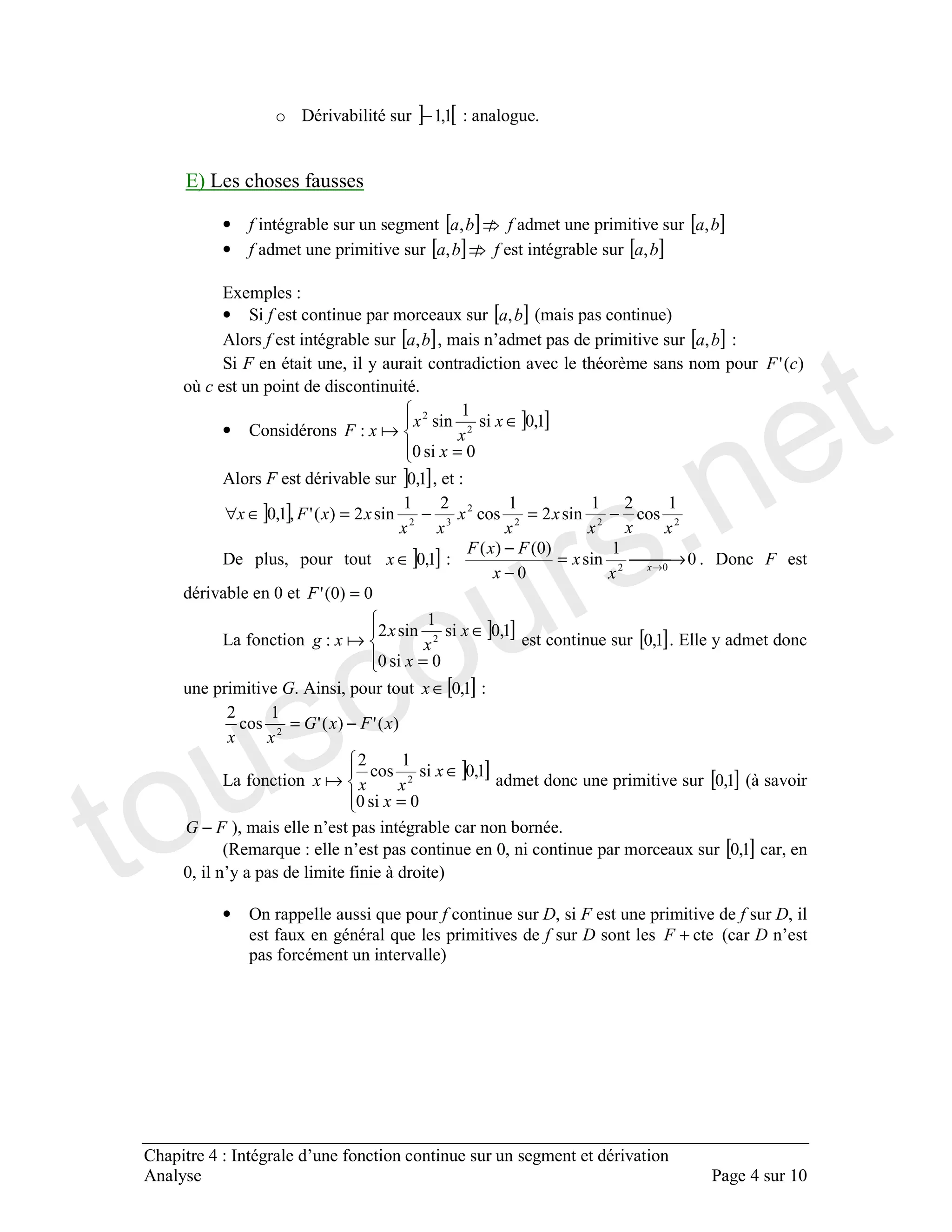 04 intégrale d'une fonction continue sur un segment et dérivation | PDF