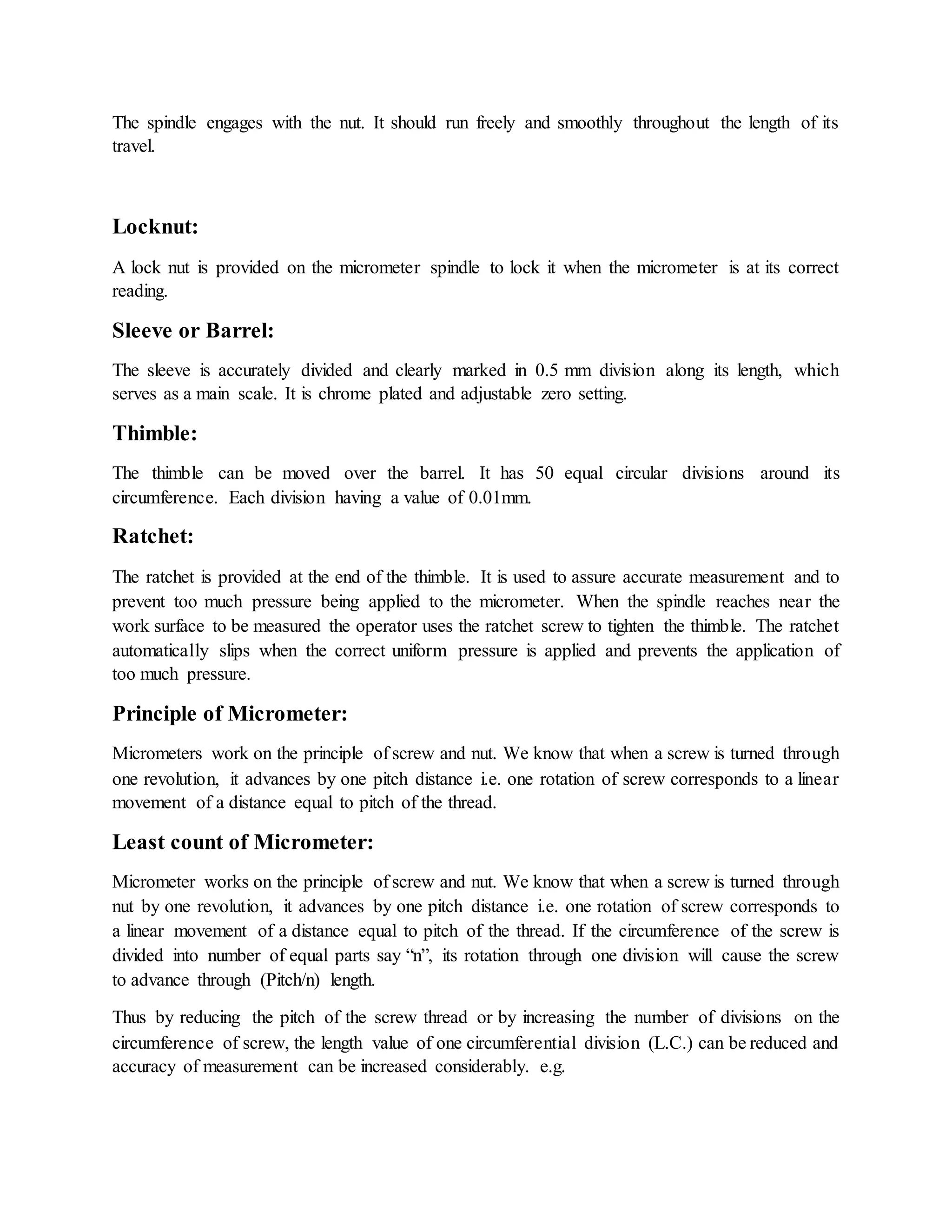 To understand construction of outside micrometer and calculate its ...