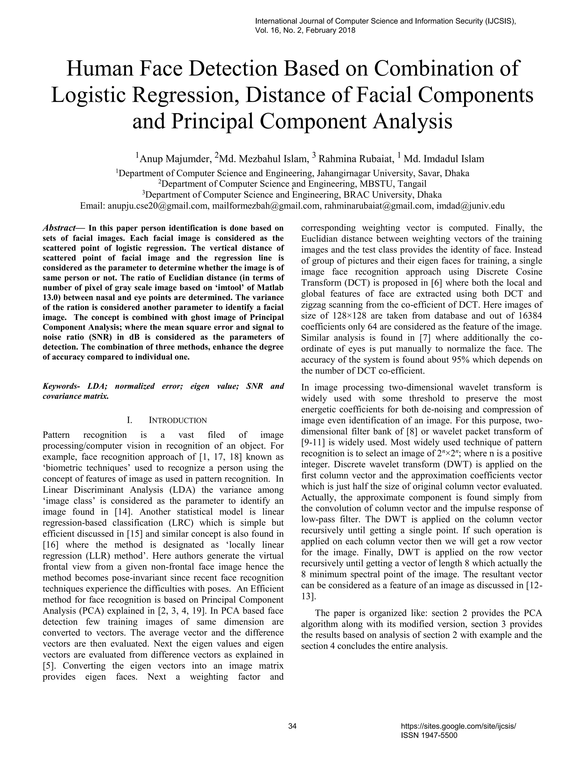 Human Face Detection Based on Combination of Logistic Regression, Distance of Facial Components ...
