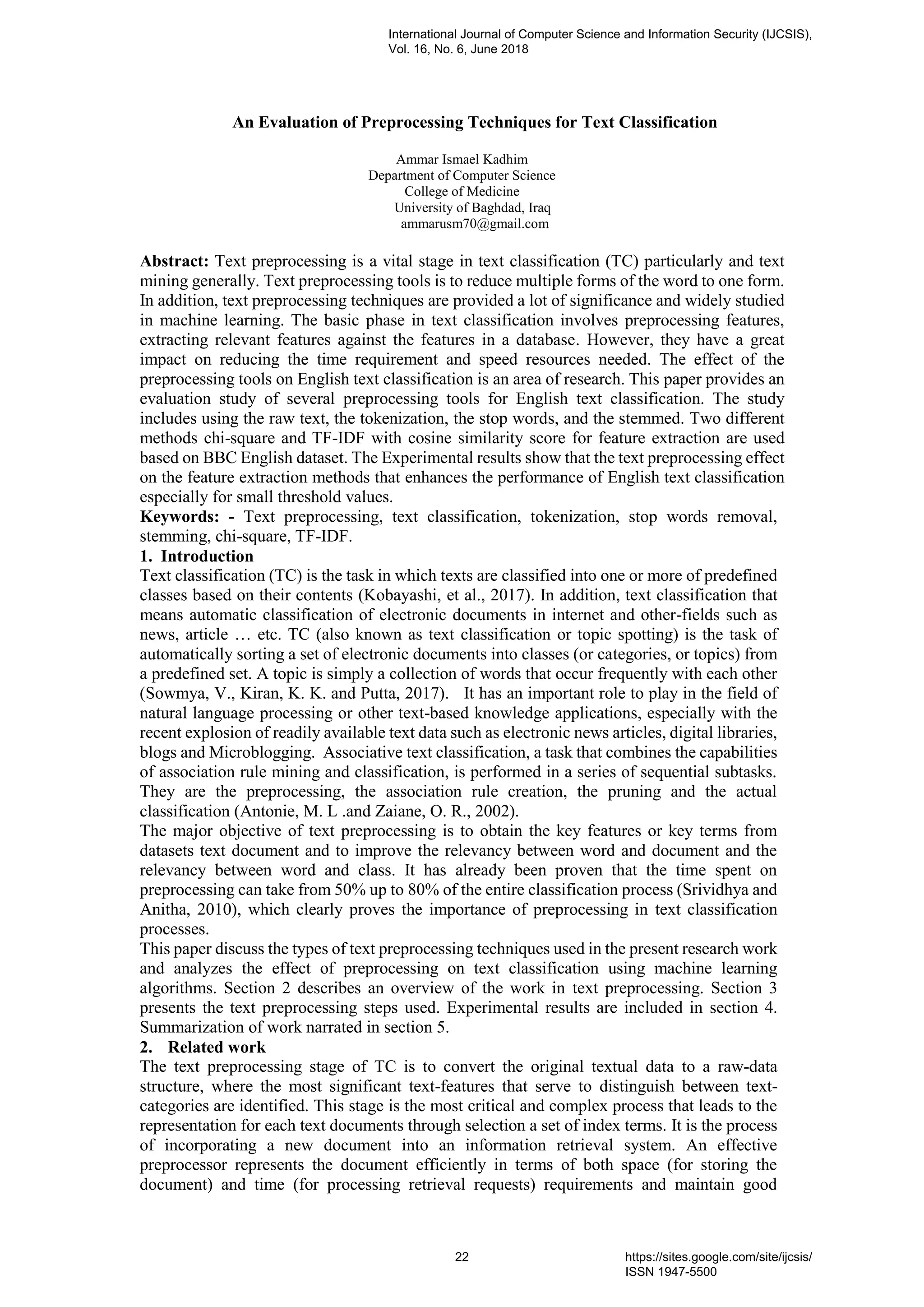 An Evaluation of Preprocessing Techniques for Text Classification | PDF