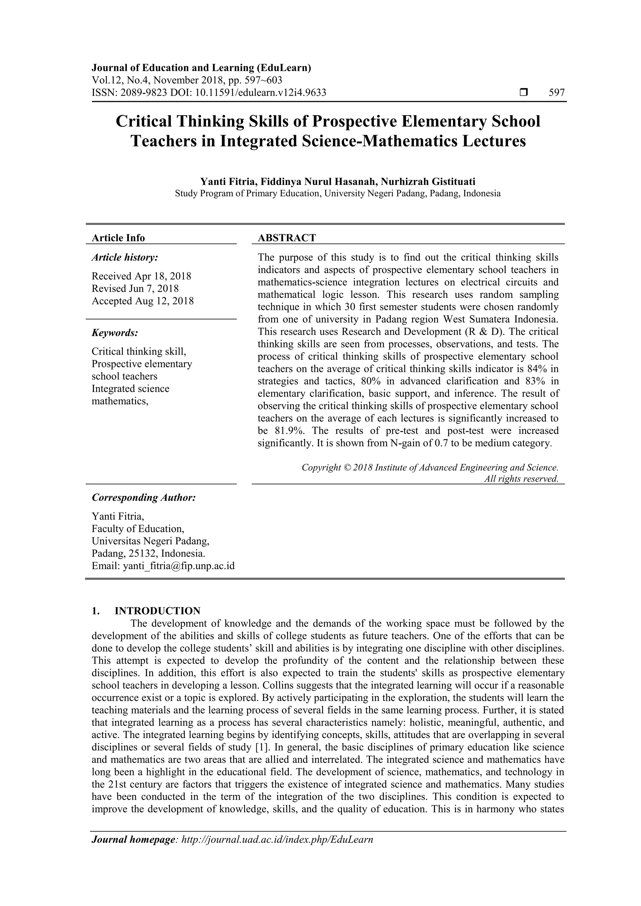 Critical Thinking Skills of Prospective Elementary School Teachers in ...