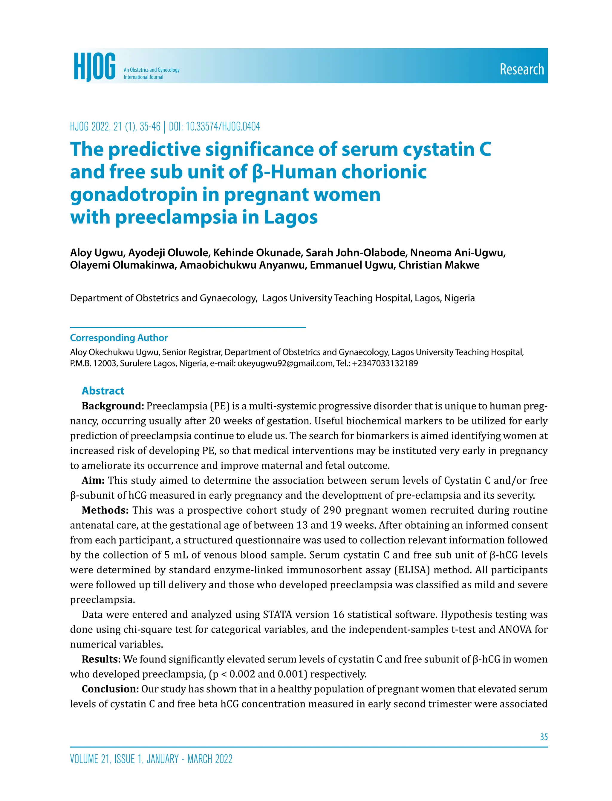 The predictive significance of serum cystatin C and free sub unit of β ...