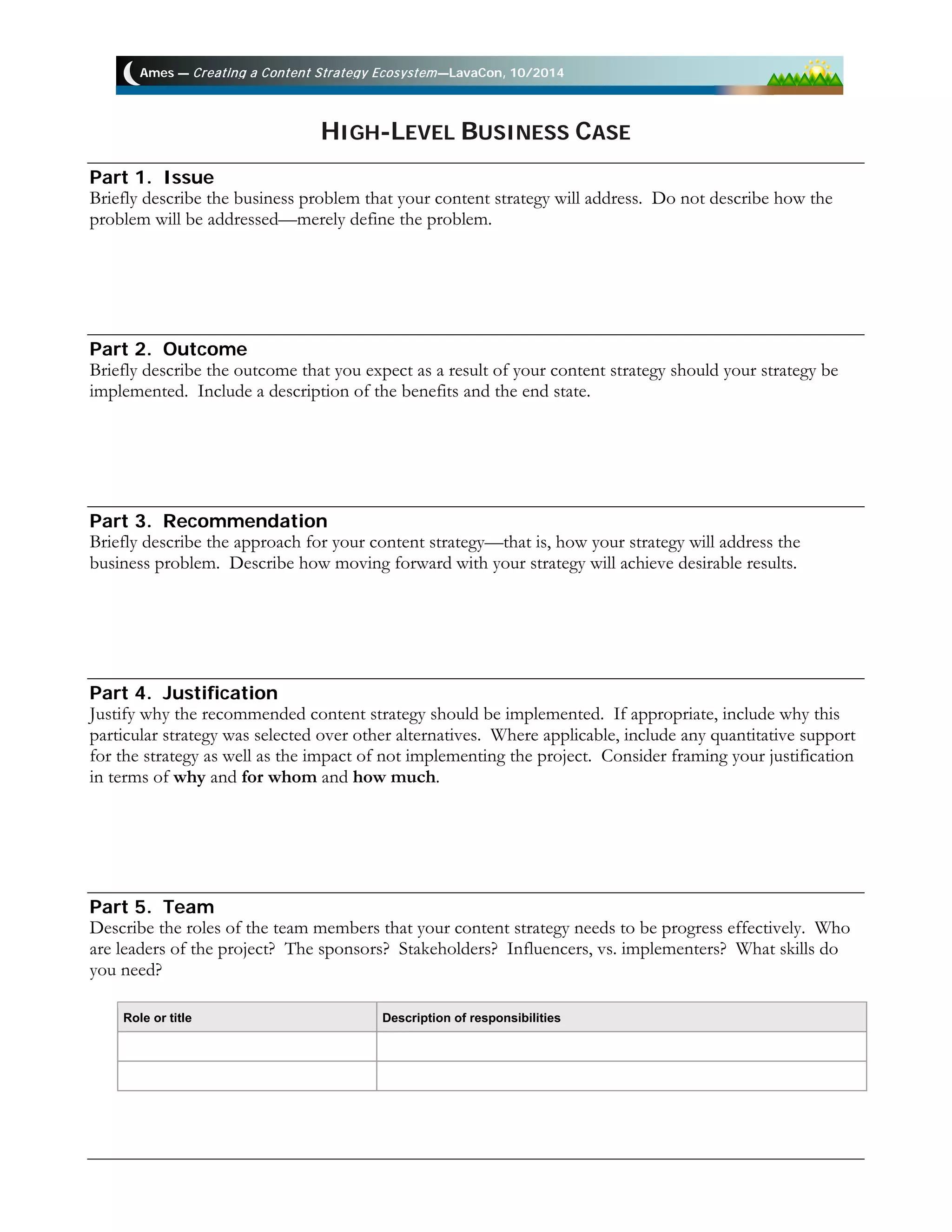 Business Case template for LavaCon "Creating a Content Strategy ...
