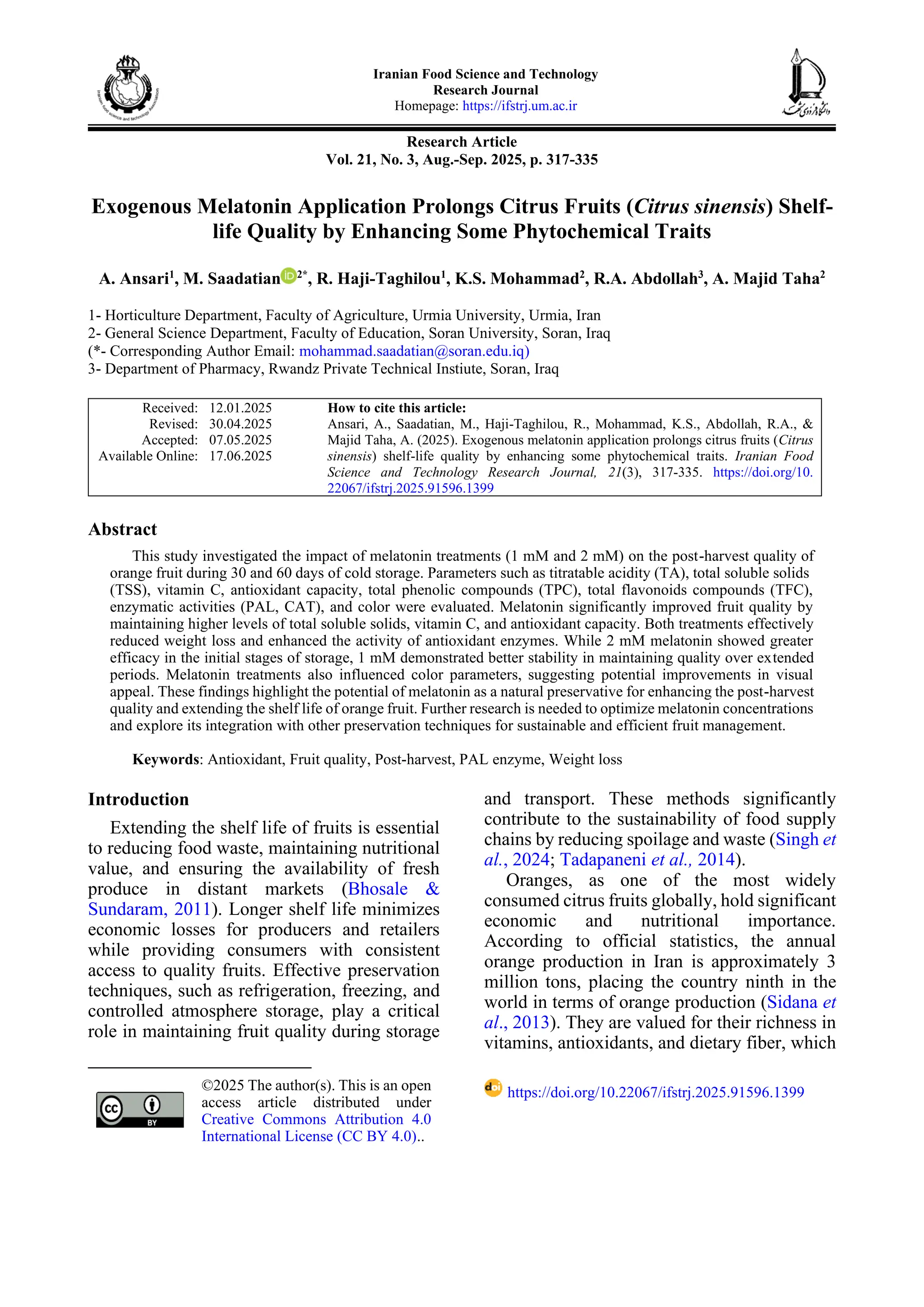 Exogenous Melatonin Application Prolongs Citrus Fruits (Citrus sinensis) Shelf-life Quality by ...