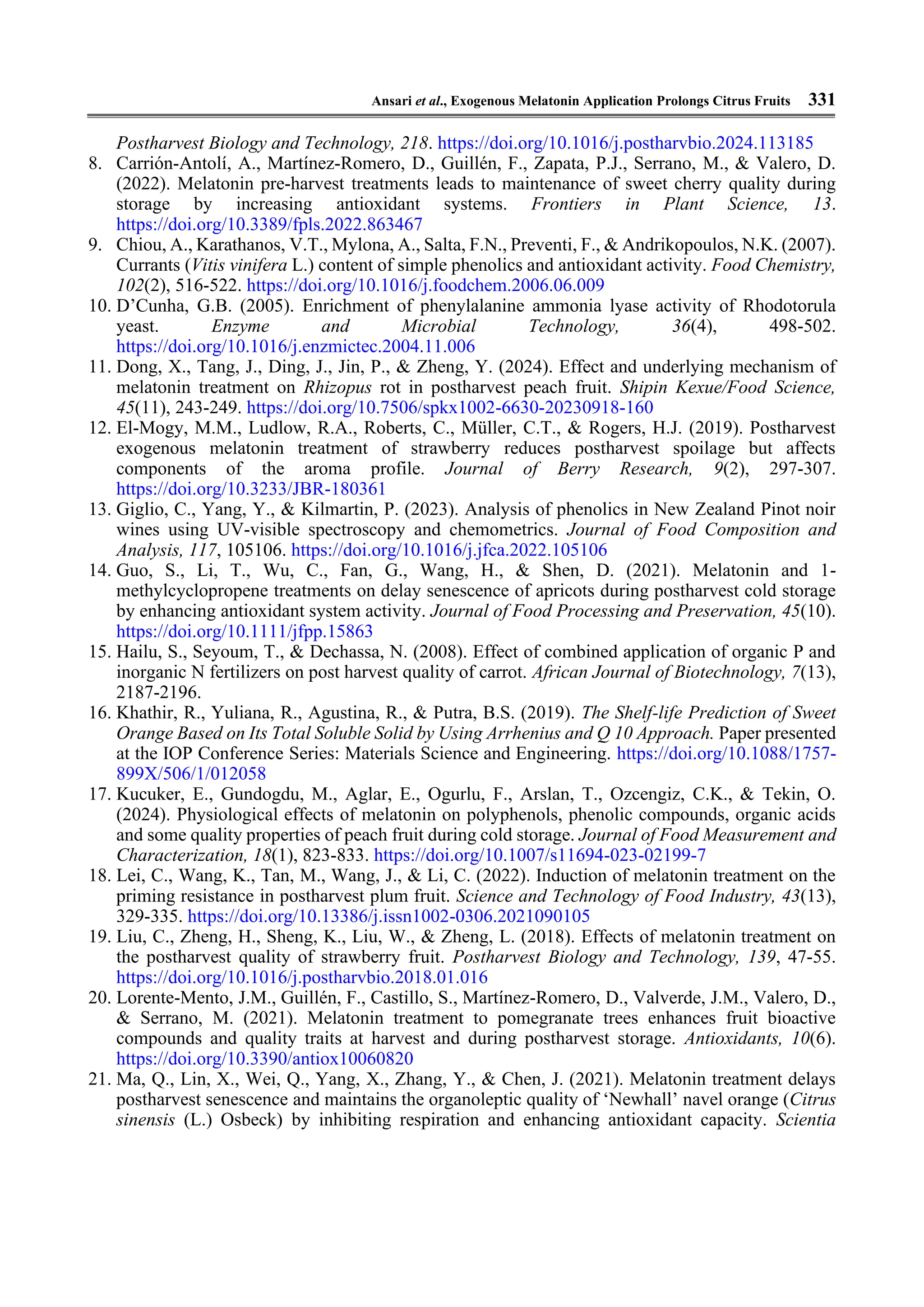 Exogenous Melatonin Application Prolongs Citrus Fruits (Citrus sinensis) Shelf-life Quality by ...